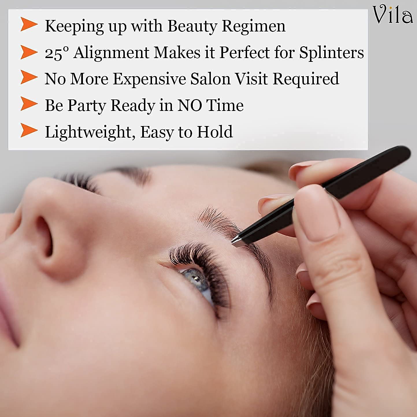 Vila Tweezers for Eyebrows, 4 Inches, Stainless Steel with 25-Degree Slanted Tip Plucker, Useful for Pulling Splinters, Ingrown Hair, or Picking up Tiny Objects