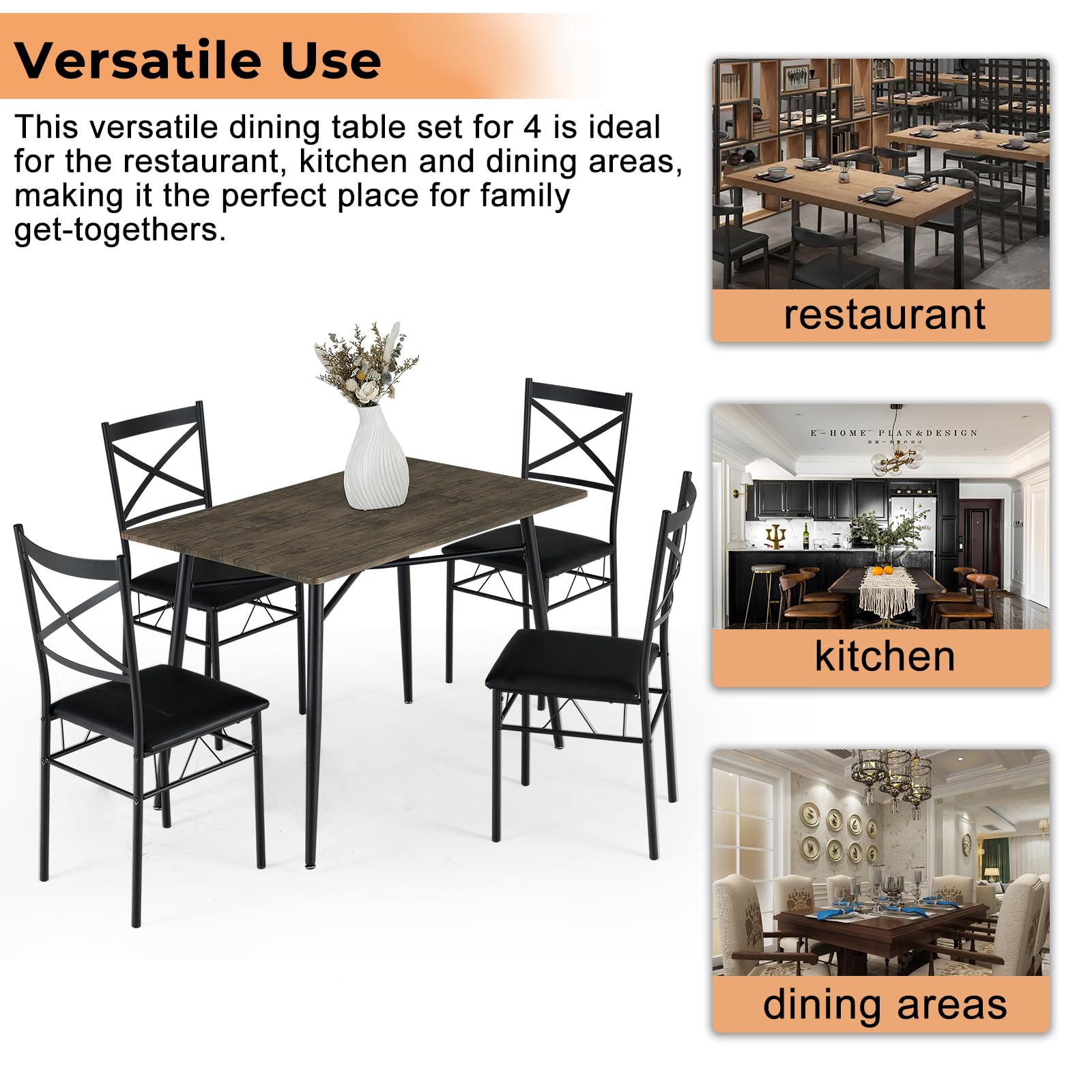 VINGLI 43.3" Dining Table Set for 4, Small Kitchen Table and Chairs for Small Space, 5 Pieces Modern Metal and Wooden Dining Table with Chairs Set for Dining Room, Apartment - Brown