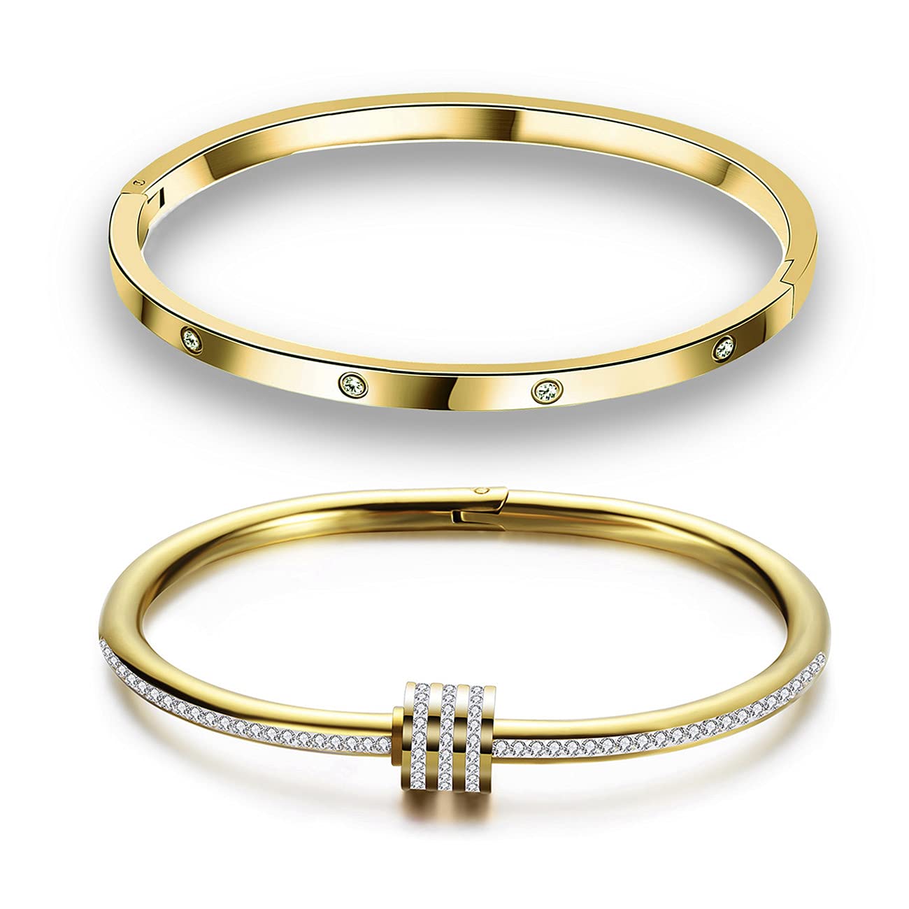 YUWINICER Women's Gold Plated Friendship Bracelet Personality Stackable Stainless Steel oval Bangle Bracelets Present the Gift of Love (2PS 4MM-Screw Gold)