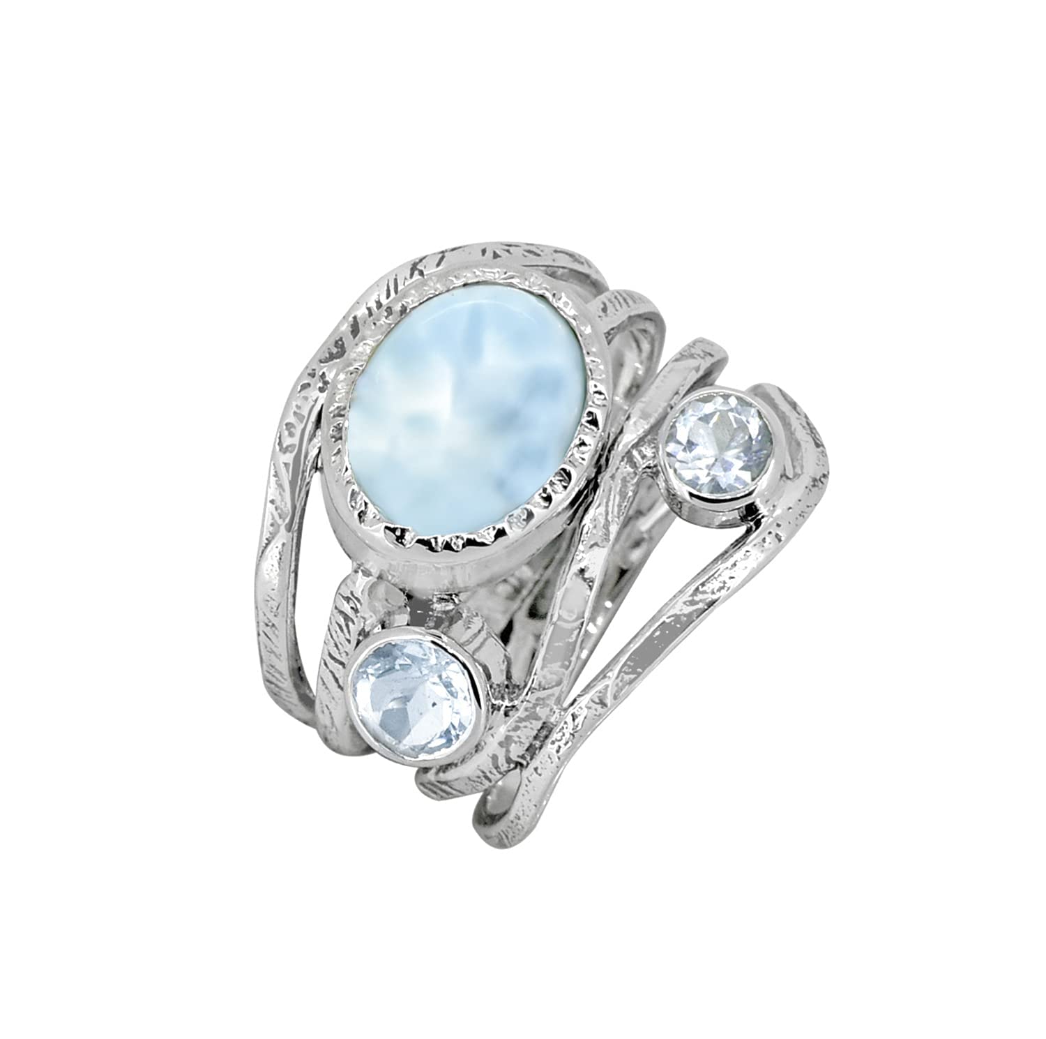 YoTreasure Natural Larimar Blue Topaz 925 Sterling Silver Antique Three Stone Bypass Ring