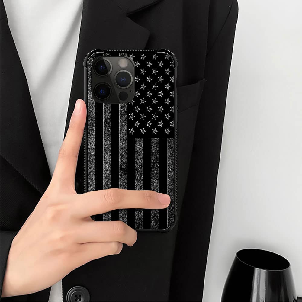 ZHEGAILIAN iPhone 14 Pro Max Case, Black and White American Flag, Shock-Absorbent TPU, Tempered Glass Back, 6.7-inch