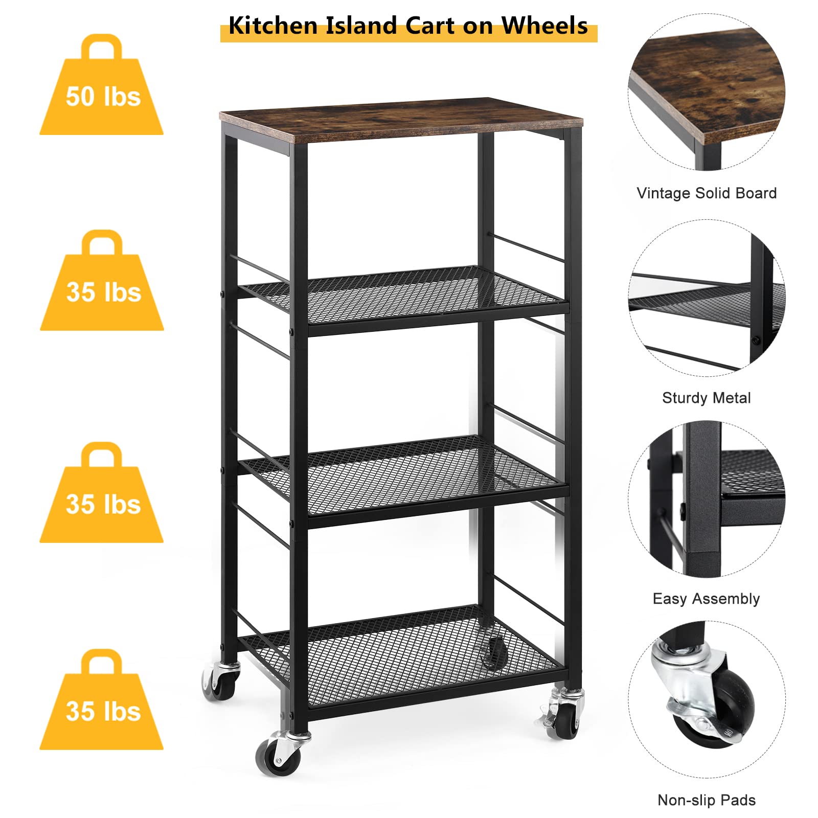 Vrisa Rolling Cart Kitchen Cart on Wheels 4 Tier Utility Microwave Oven Stand Mesh Metal Rolling Storage Cart Coffee Bar for Kitchen Bathroom Living Room Rustic