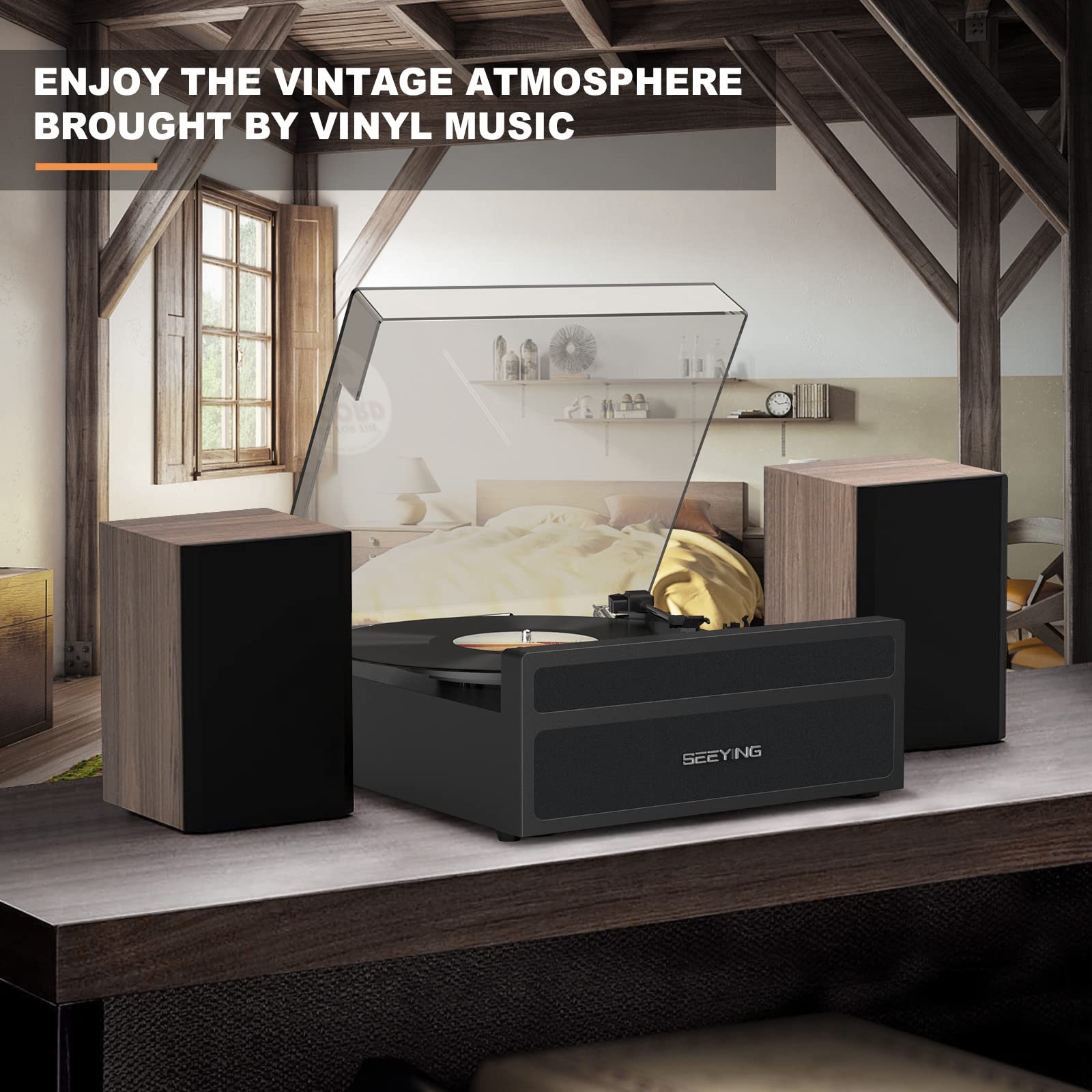 Vinyl Record Player Bluetooth with Built-in Speakers, 3 Speed Belt-Drive Turntable for Vinyl Records, Headphone Jack, RCA Line Out, Auto Stop