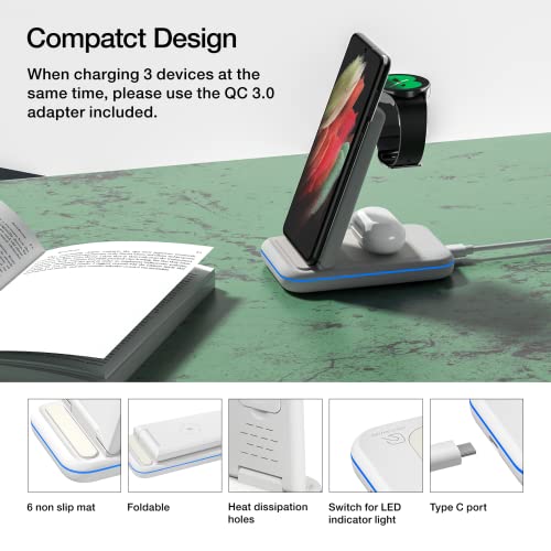 Wireless Charger for Samsung/Android, HOLYJOY Foldable 3 in 1 Fast Charging Station/Stand/Multi Charger for Samsung S24/S23/S22/Note 20, Travel Pad for Galaxy Watch 6/5/4/3/Active 2, for Buds(White)