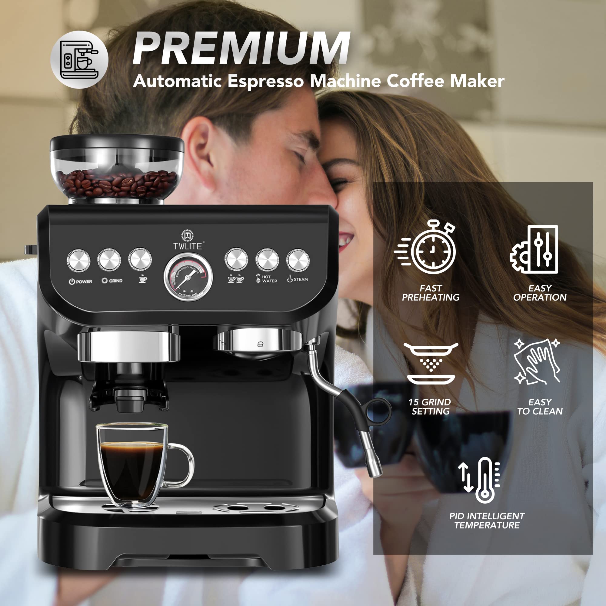 Trustmade Premium Espresso Machine Coffee Maker with Milk Frother, Coffee Grinder, Commercial Coffee Maker Automatic Stainless Steel, Removable Parts for Easy Cleaning,15 Bar