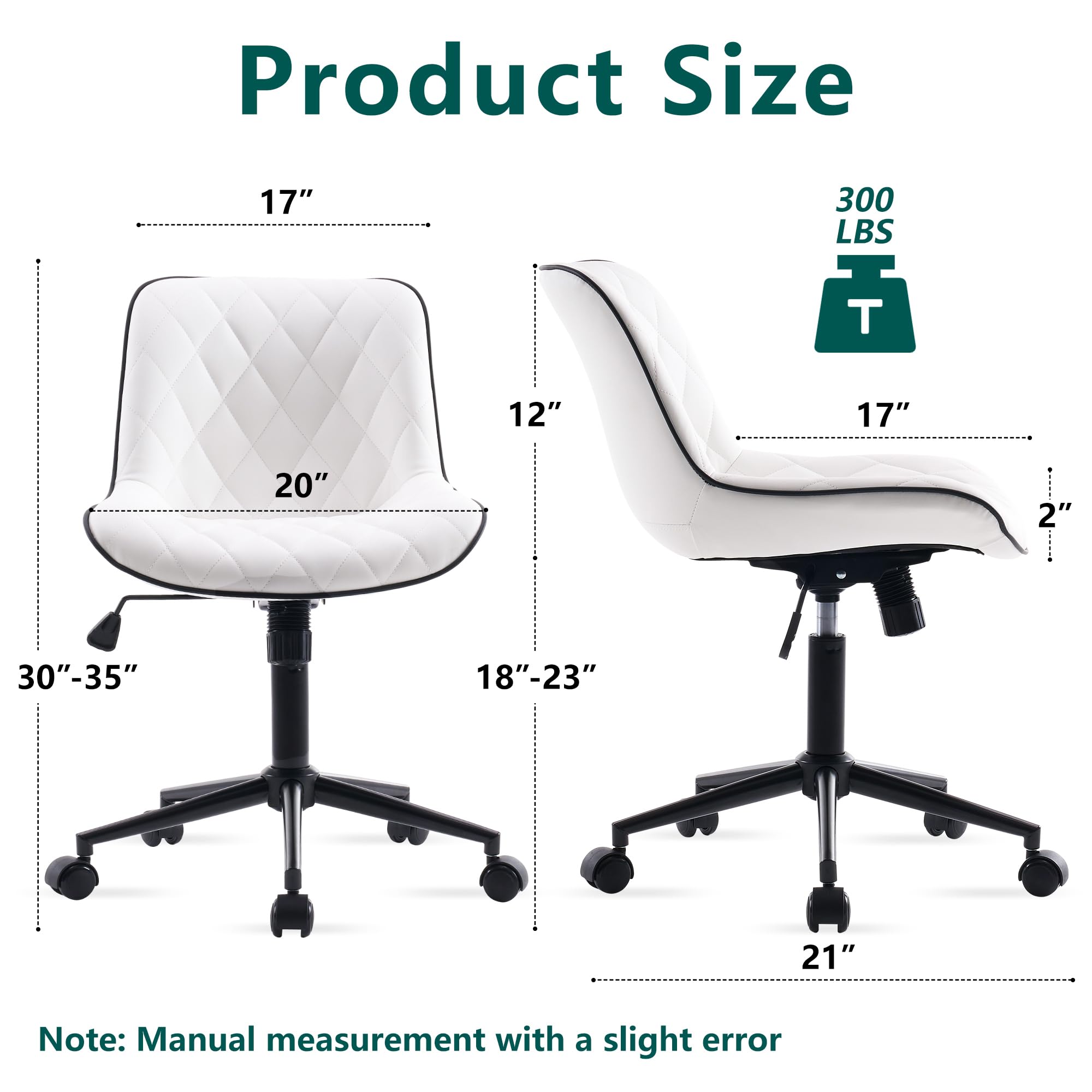 YOUNUOKE Comfortable Desk Chair, Home Office Chairs with Wheels, Armless Samll Comfy Vanity Chairs, PU Leather Computer Task Work Desk Chairs, White