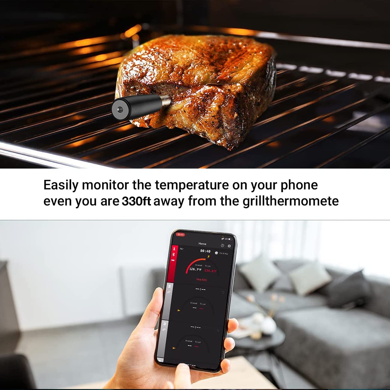 Wireless Meat Thermometer Digital 330FT Range, BVRONA Bluetooth Meat Thermometer for Grill, IP67 Waterproof, Smart Food Thermometer for Smoker, BBQ, Oven,Air Fryer, App Compatible