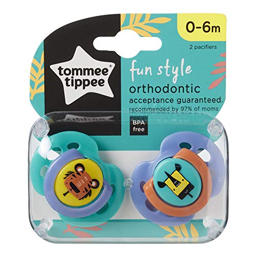 Tommee Tippee Fun Style Pacifiers, Symmetrical Design, BPA-Free Silicone Binkies, 0-6m, 2 Count, Colors and Designs Vary