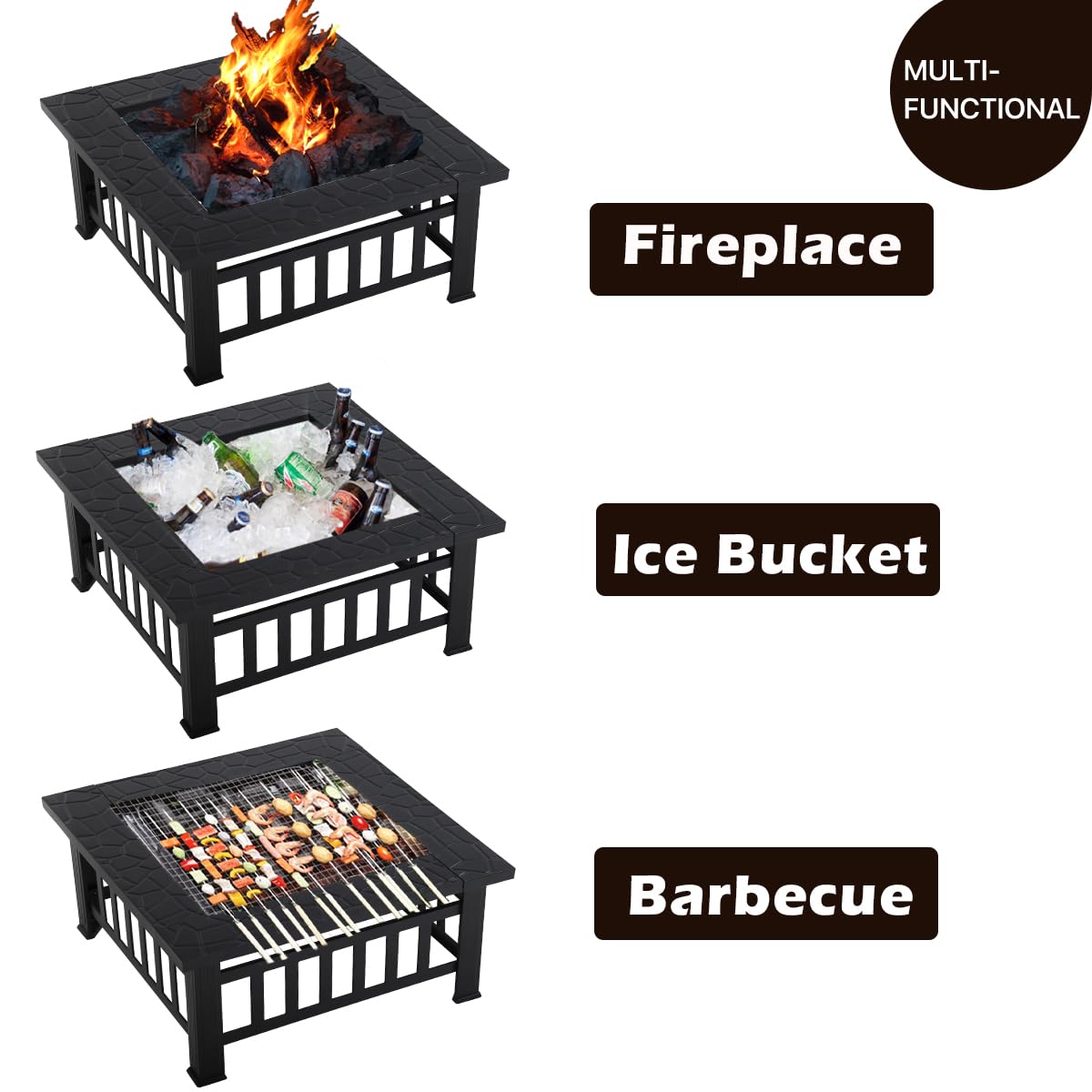 YRLLENSDAN 32 inch Fire Pit Table with Spark Screen Metal Outdoor Multiuse BBQ Firepit & Waterproof Mesh Cover for Camping Picnic, Wood Burning Heating