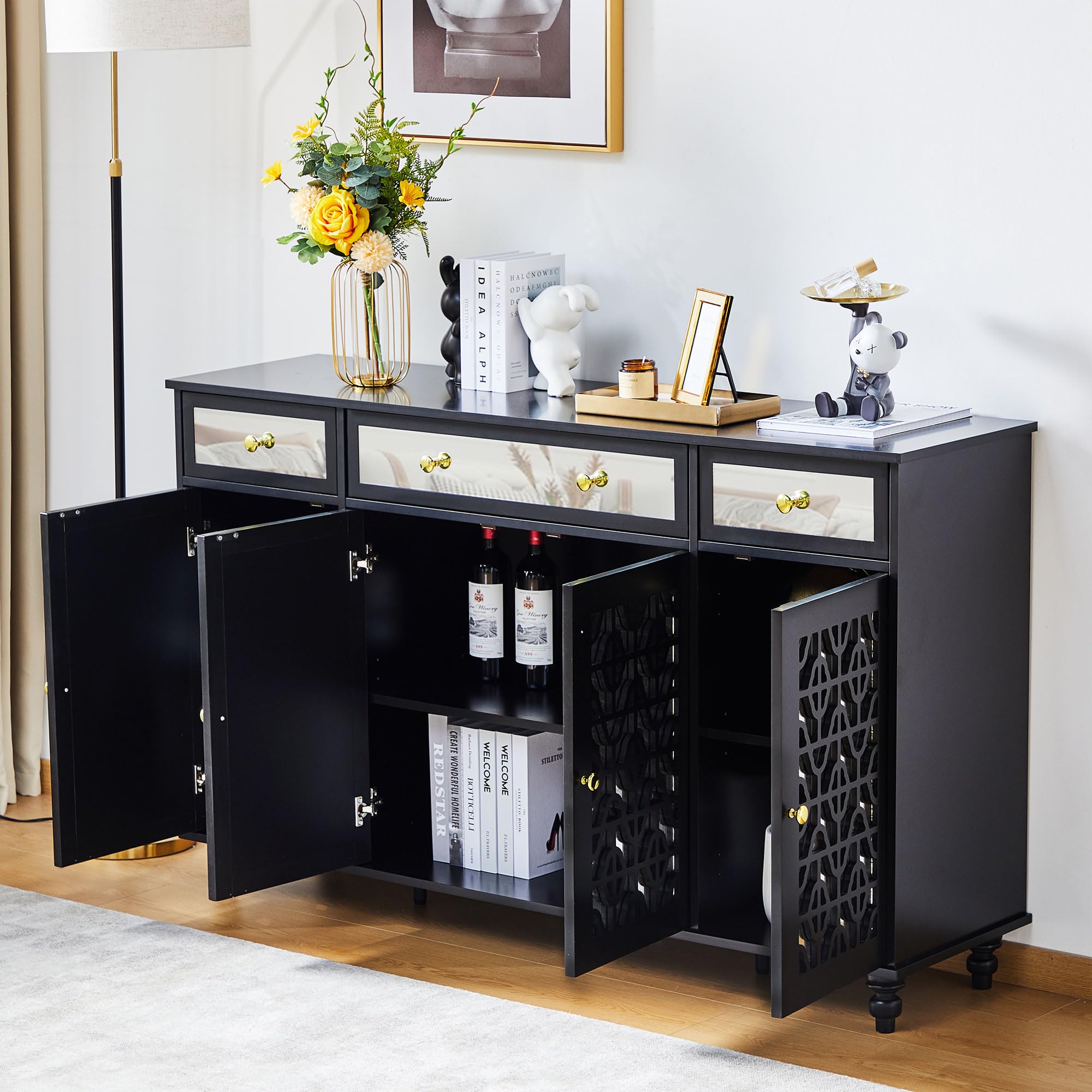 weselon Accent Buffet Sideboard with 4 Mirror Doors, Luxury 3 Drawer Storage Cabinet with Adjustable Shelves, Accent Buffet Cabinet for Living Room