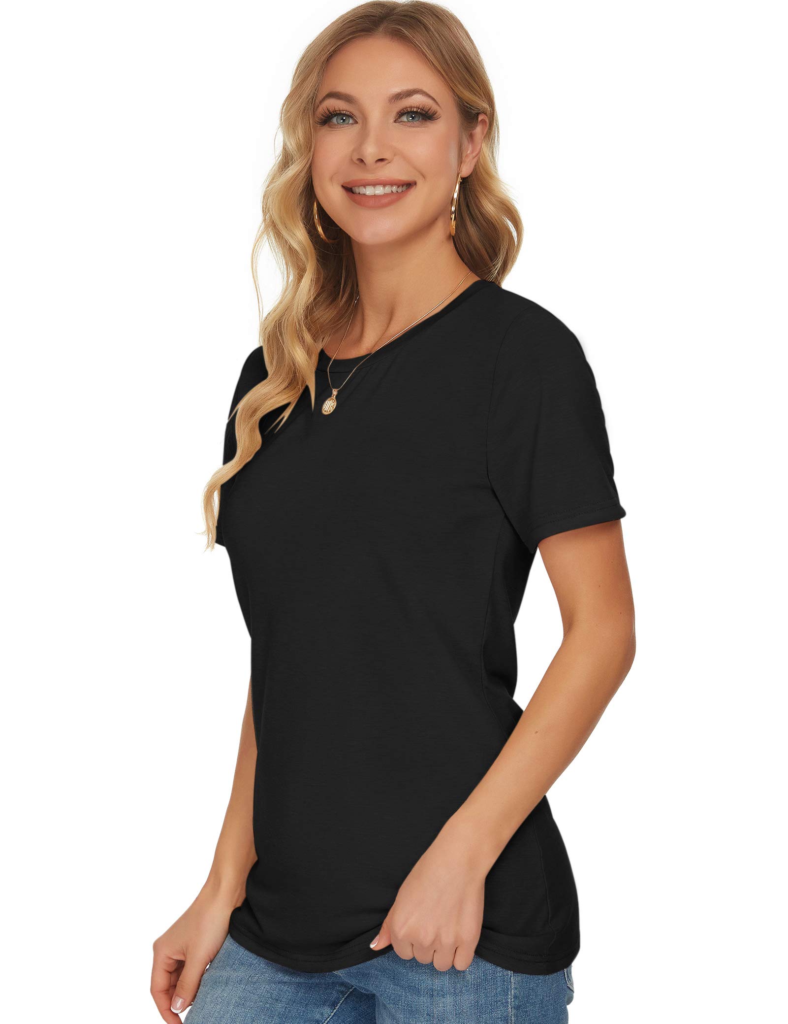 WNEEDU Womens T Shirts Short Sleeve Crewneck Loose Summer Tees Basic Tops(Black,S)