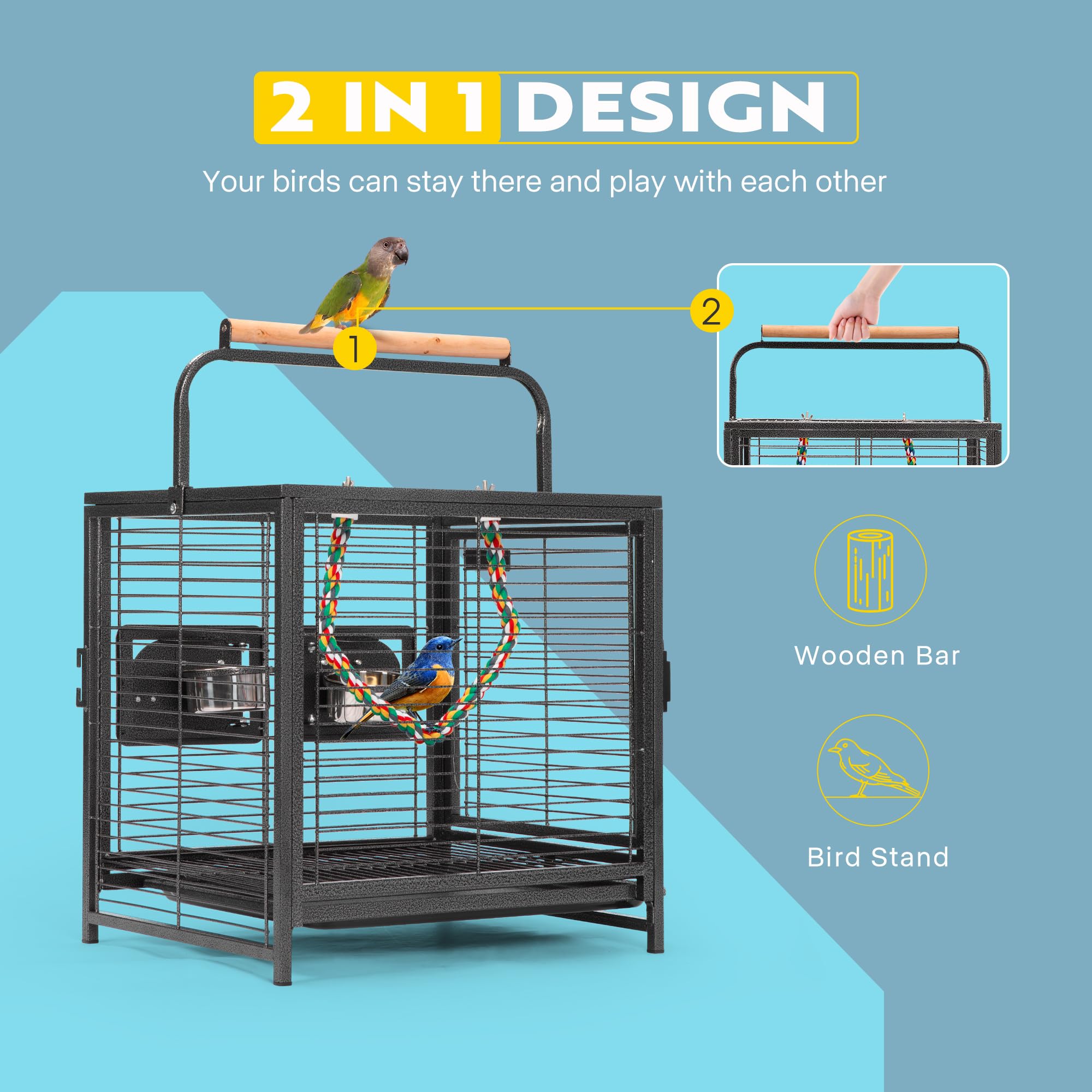 VIVOHOME 19 Inch Wrought Iron Bird Travel Carrier Cage for Parrots Conures Lovebird Cockatiel Parakeets White