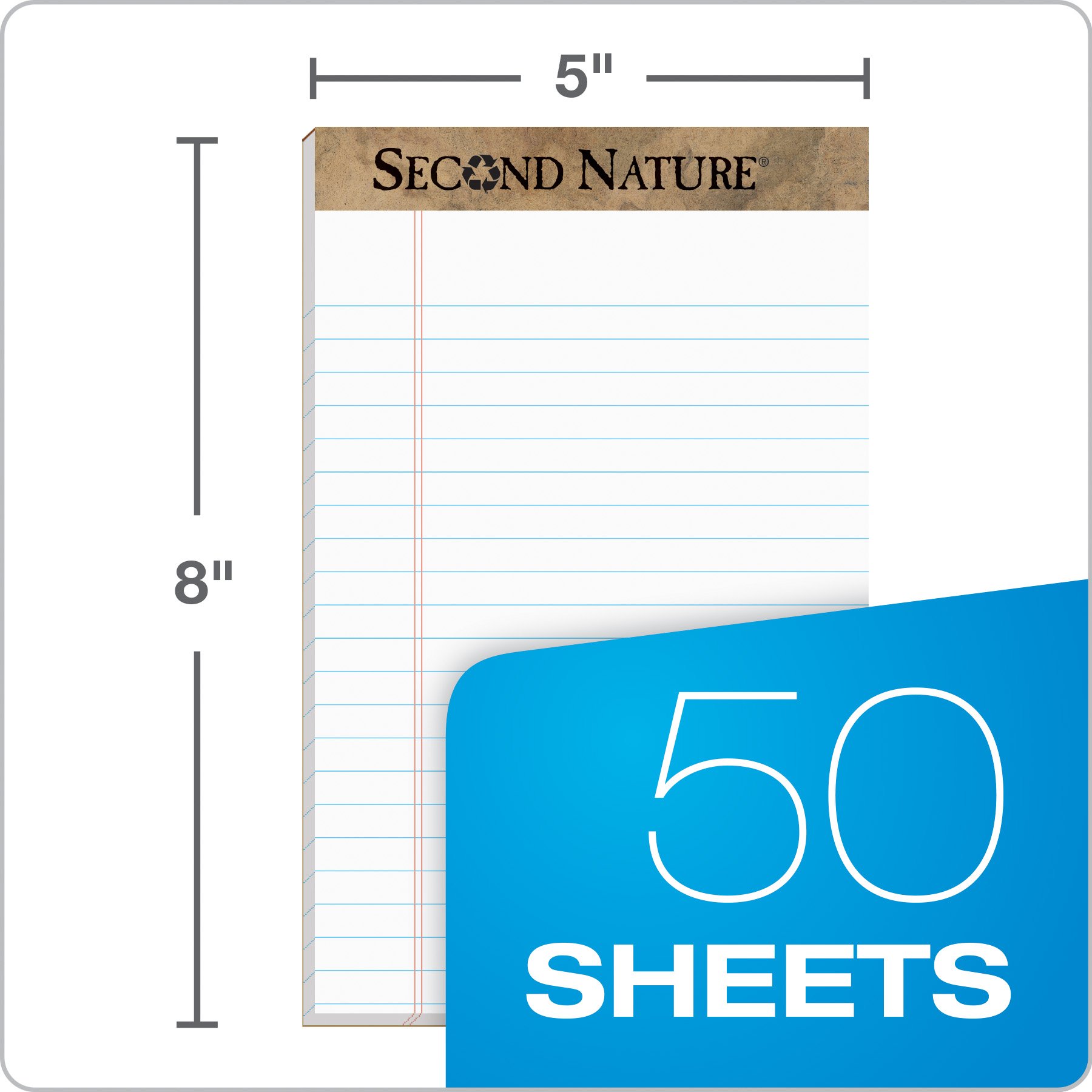 TOPS 74005 Second Nature Recycled Pads, Lgl Rule/Red Margin, 5 x 8, WE, 50 Sheets (Pack of 12)
