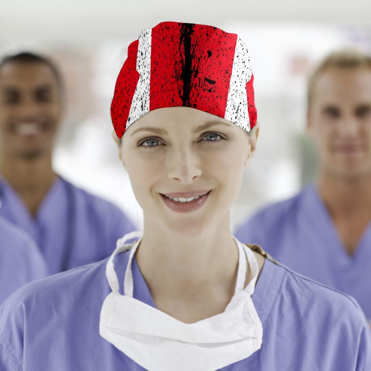 Women's Working Cap with Button and Sweatband, Head Covers Adjustable Tie Back Hat Headwraps Reusable Caps 3D Printed for Men Canada Grunge Flag Maple Leaf Red White Black
