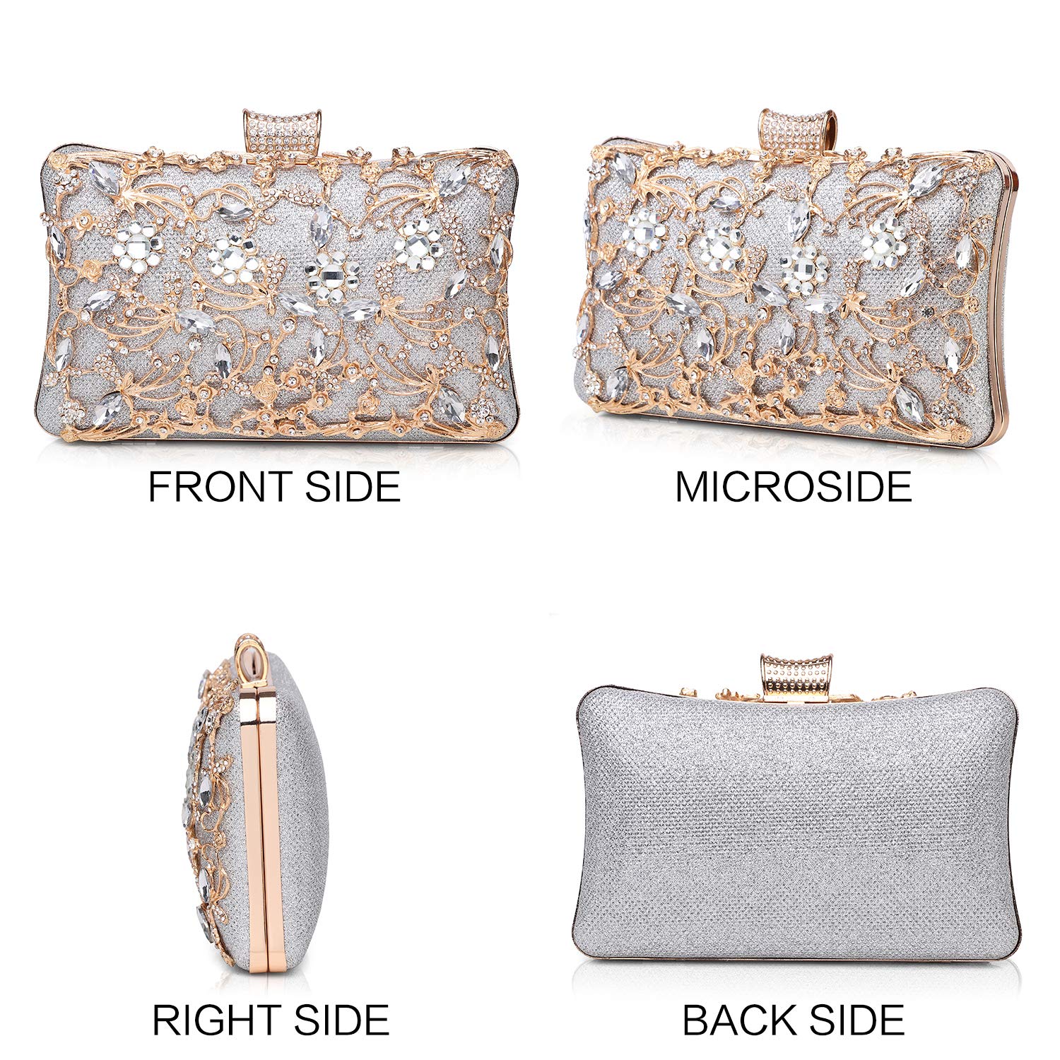 Womens Beaded Clutch Rhinestone Evening Bag Wedding Bridal Prom Purse,Silver-1.