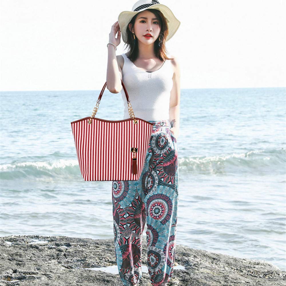 Womens Canvas Handbag Tassel Stripes Purse Tote Fashion Shoulder Bag Large Capacity, Red and White
