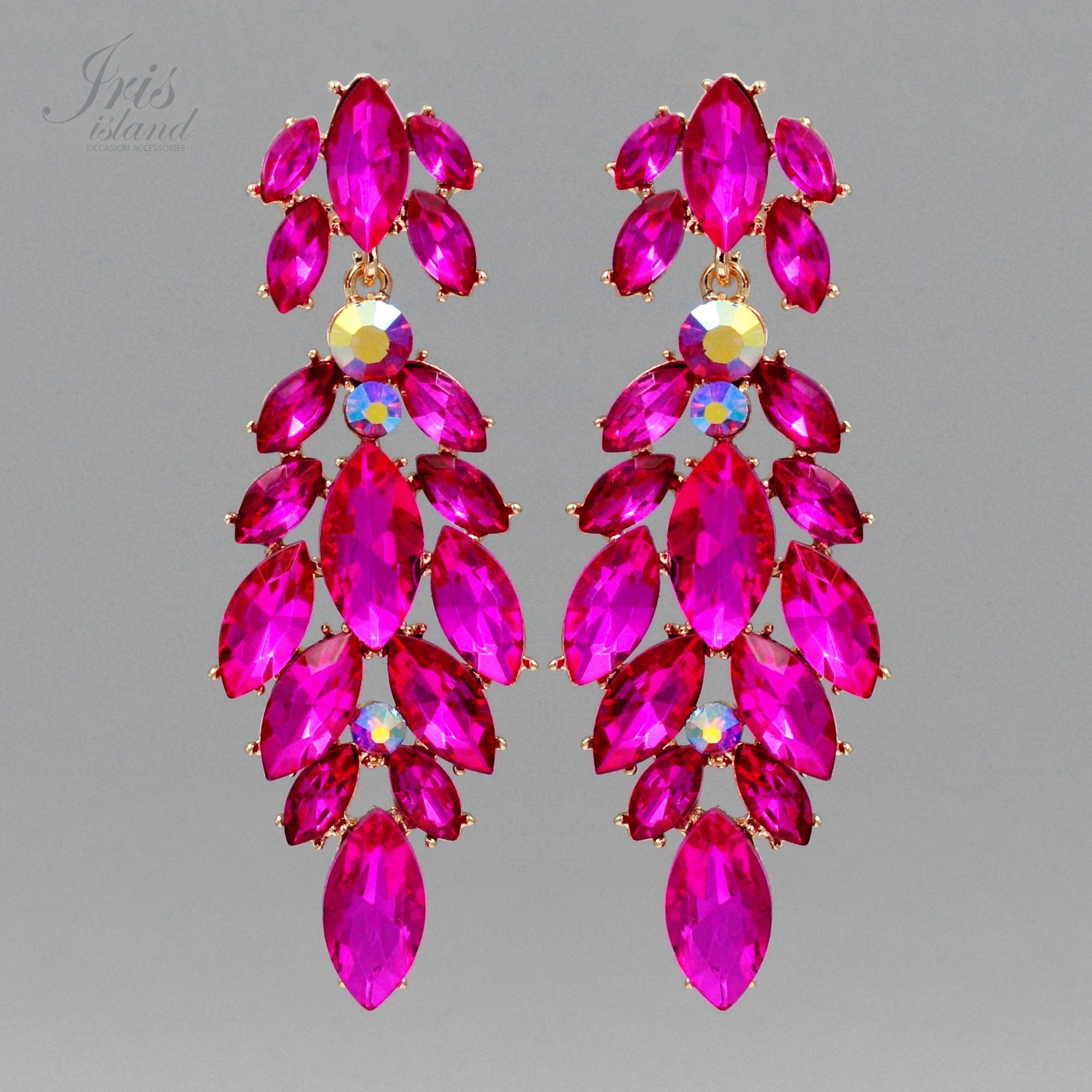 Womens Crystal Rhinestone Dangle Earrings Fuchsia Hot Pink for Proms Wedding Party