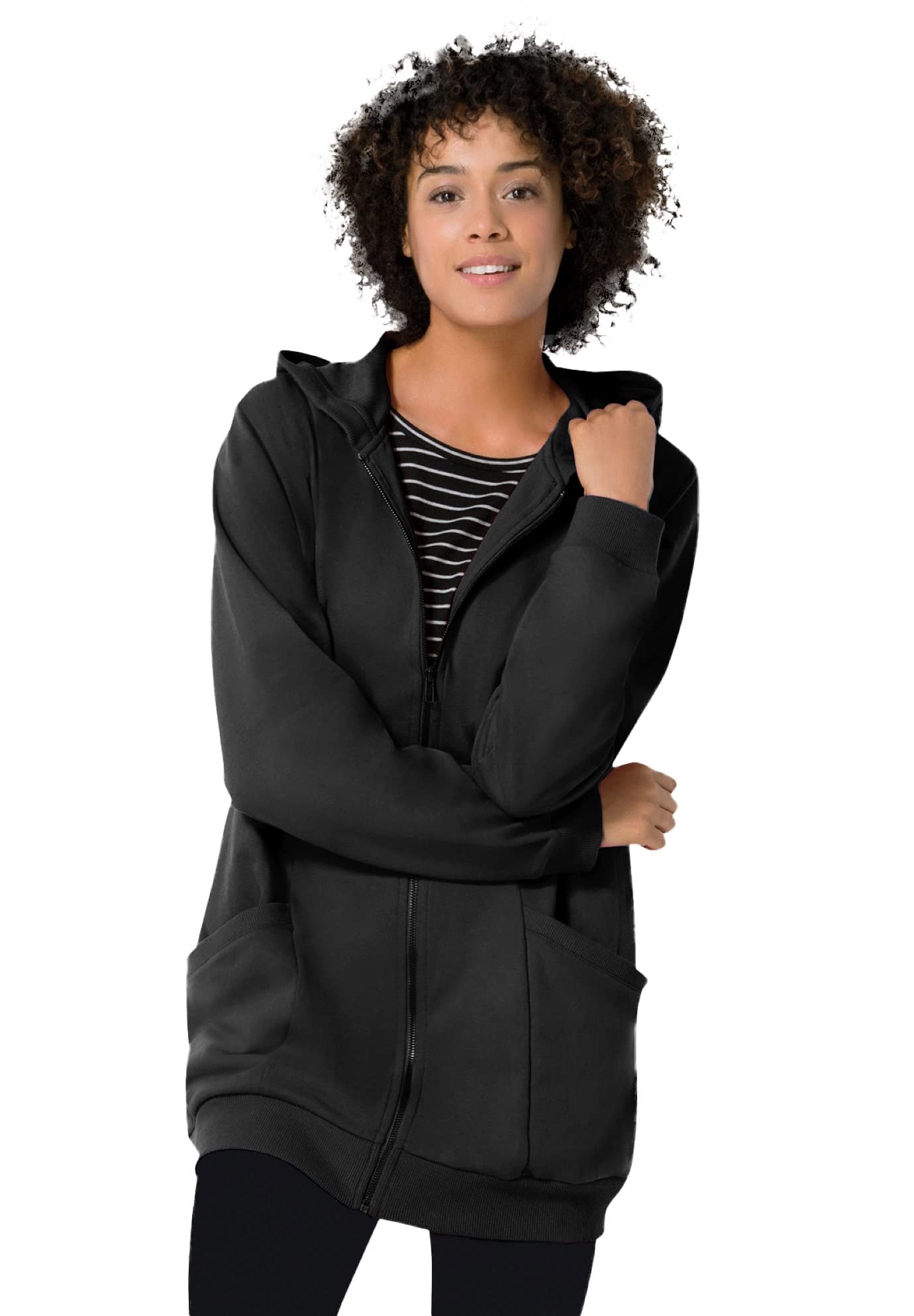Woman Within Plus Size Zip Front Hoodie Jacket Long Oversized Fleece Jacket - 3X, Black