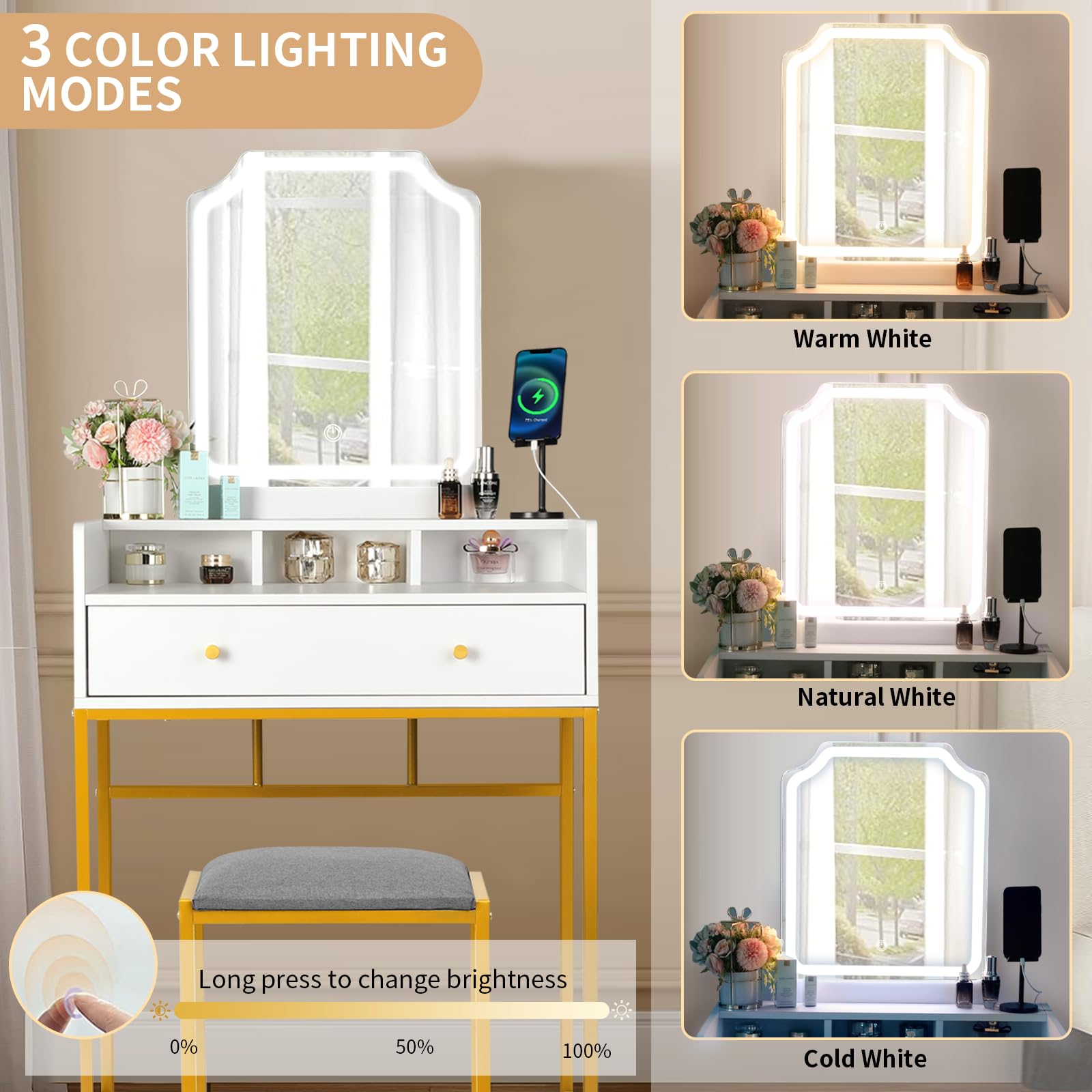 VOWNER Makeup Vanity Desk with Lighted Mirror, 3 Color Dimmable Vanity Table Set for Bedroom with Power Outlet, Drawer & Cushioned Stool, White, VOWNER-171