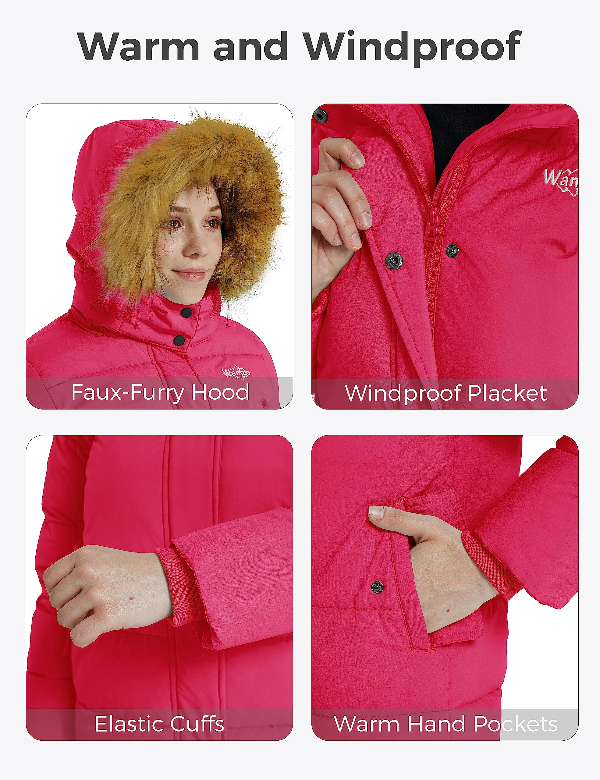 wantdo Girl's Winter Coats Long Puffer Coats Warm Fleece Jacket With Hood Rose Red 10-12