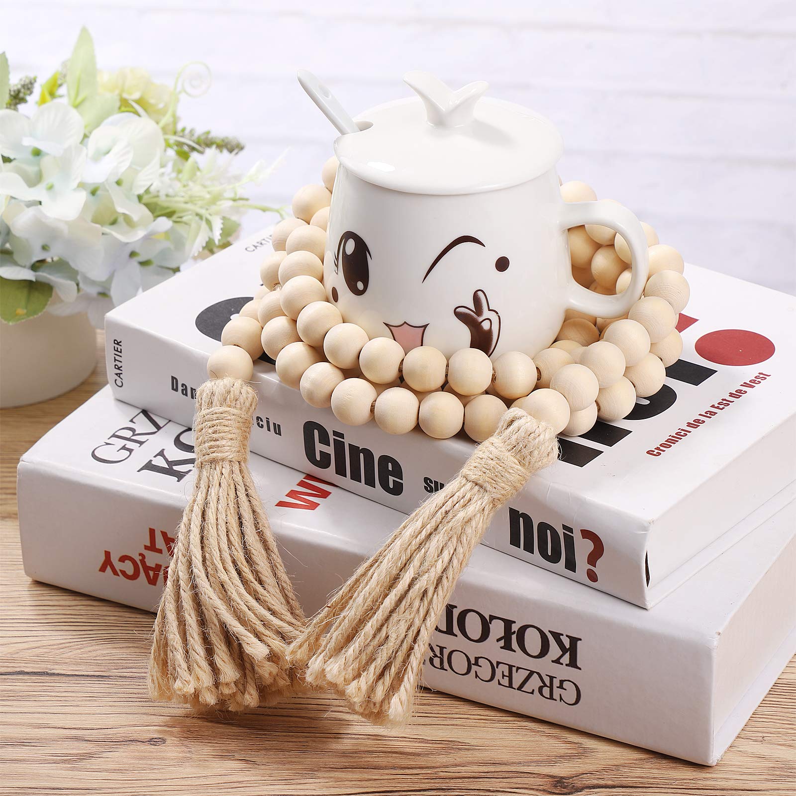 Vosarea Wood Bead Garland Rustic Farmhouse Beads with Tassel Home Wall Hanging Prayer Beads Decor Beads Wooden