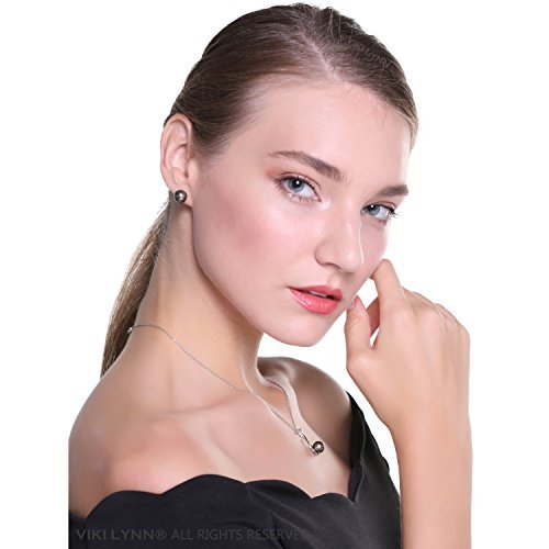 VIKI LYNN Tahitian Cultured Black Pearl Pendant Necklace 9-10mm Round Sterling Silver for Women