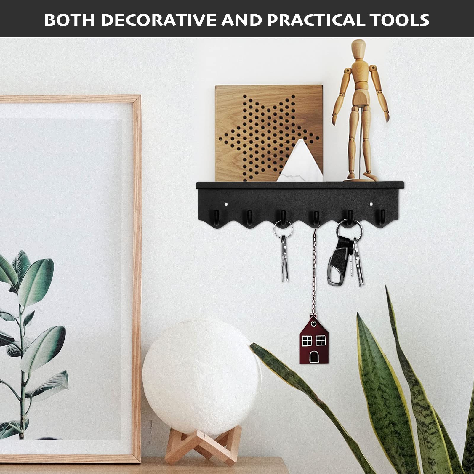 Wapodeai Key Rack with Tray, Self Adhesive or Screw Dual Use Key Rack with Small Shelf and 6 Metal Hooks, Key Holder for Wall Decorative, Suitable for Office, Foyer, Kitchen, Hallway (Black)