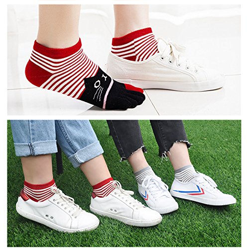 ZAKASA Womens Funny Toe Sock Cotton Five Finger Running Ankle Novelty Socks (Animal cat, US shoe 6-9)