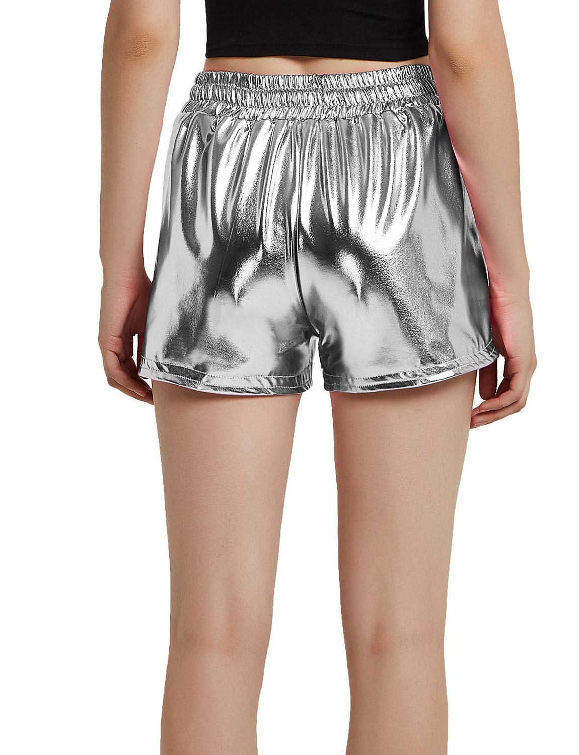 Women's Metallic Shorts Yoga Shiny Sparkly Hot Drawstring Outfit Short Pants L