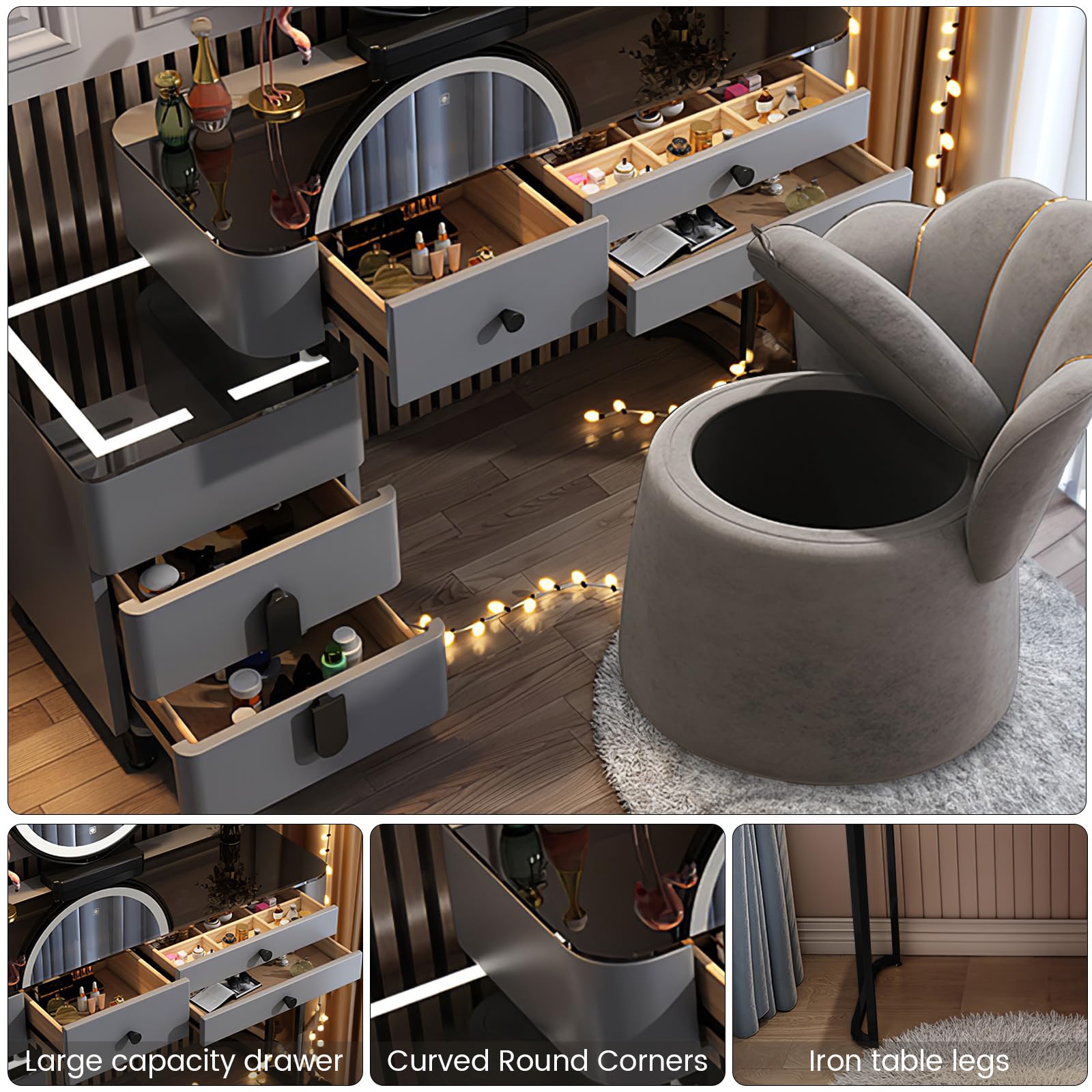 Winfree Smart Makeup Desk,Multifunction Vanity Table Set with 5 Drawers, LED Light Makeup Mirror and Storage Chair, Vanity Set with Adjustable Lighted Mirror for Girls(Noble Gray) (31.5in)