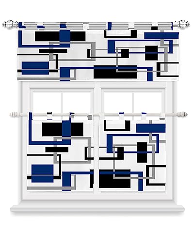 WARM TOUR Tab Top Curtain Valance and Tiers Set,Modern Abstract Blue Black Grey Block Light Filtering Kitchen Curtains Valances,Minimalism Lines Geometric Art Cafe Window Treatment Drapes for Bedroom