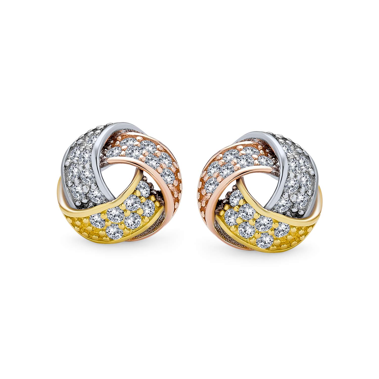 Tri Color Twisted Love Knot Pave Cubic Zirconia CZ Stud Earrings For Women Rose Gold Plated .925 Sterling Silver