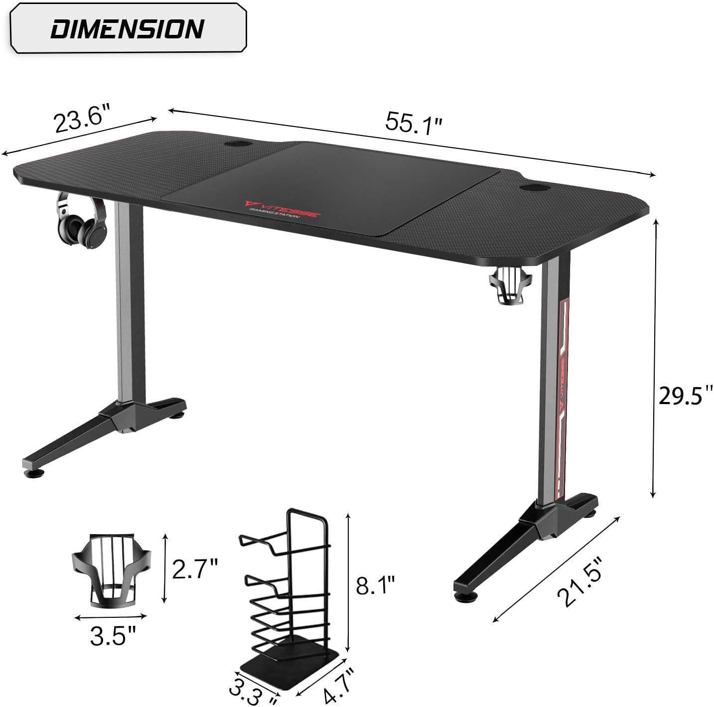 Waleaf Gaming Desk 55 inch, Gaming Computer Desk, PC Gaming Table, T Shaped Racing Style Professional Gamer Game Station with Large Mouse pad, Gaming Handle Rack, Cup Holder…