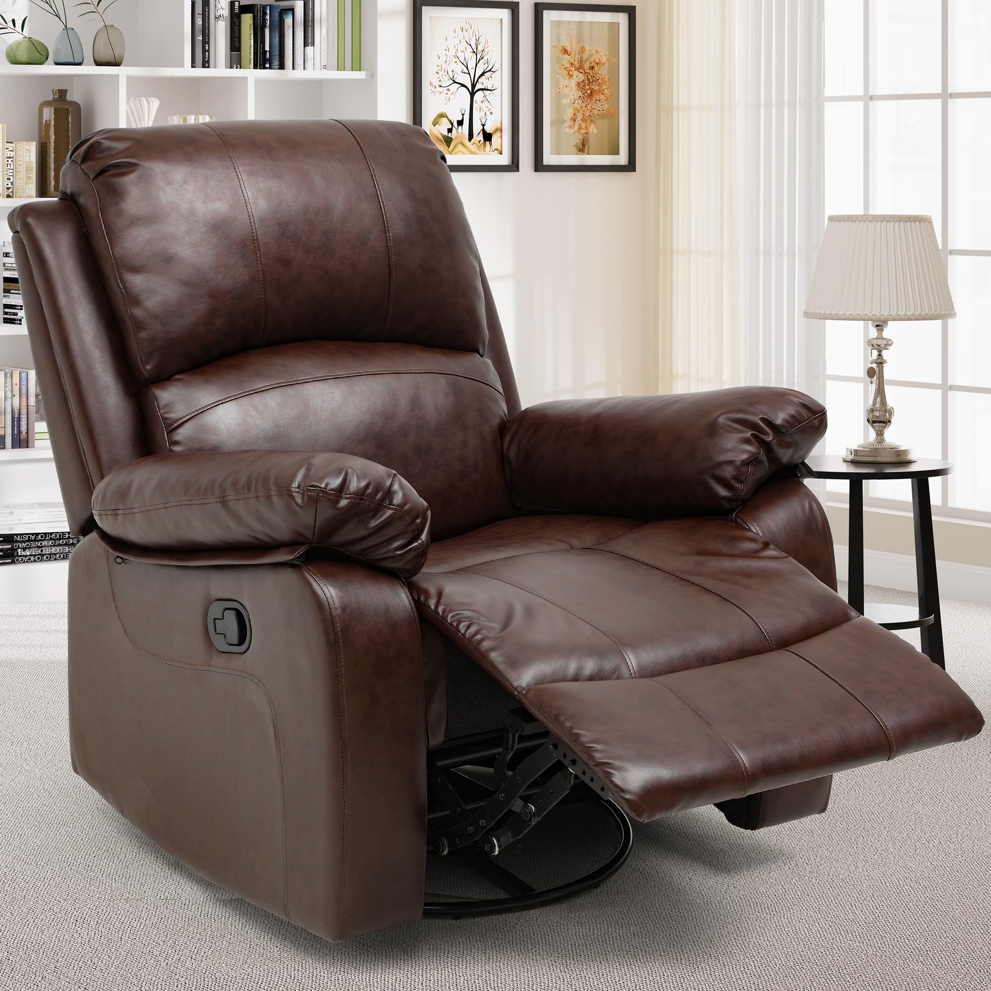 YITAHOME Swivel Glider Rocker Recliner Chair for Nursery,Manual Swivel Rocking Recliner,Mordern Home Theater Seating Soft PU Reclining Chairs for Living Room,Brown