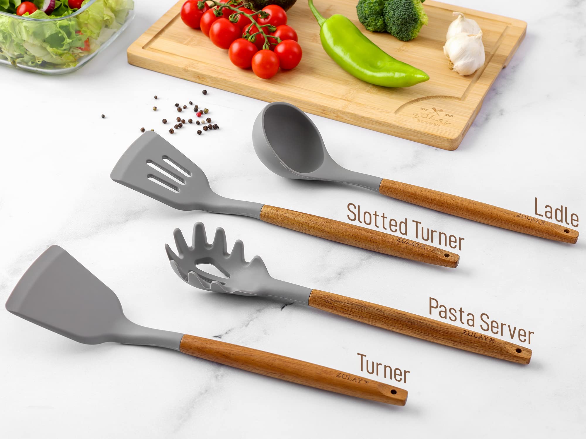 Zulay (8 Piece) Silicone Kitchen Utensils Set For Cooking - Non-Stick Silicone Cooking Utensils Set With Acacia Wood Handle - Heat Resistant Spatula Set - Flexible Silicone Kitchen Set