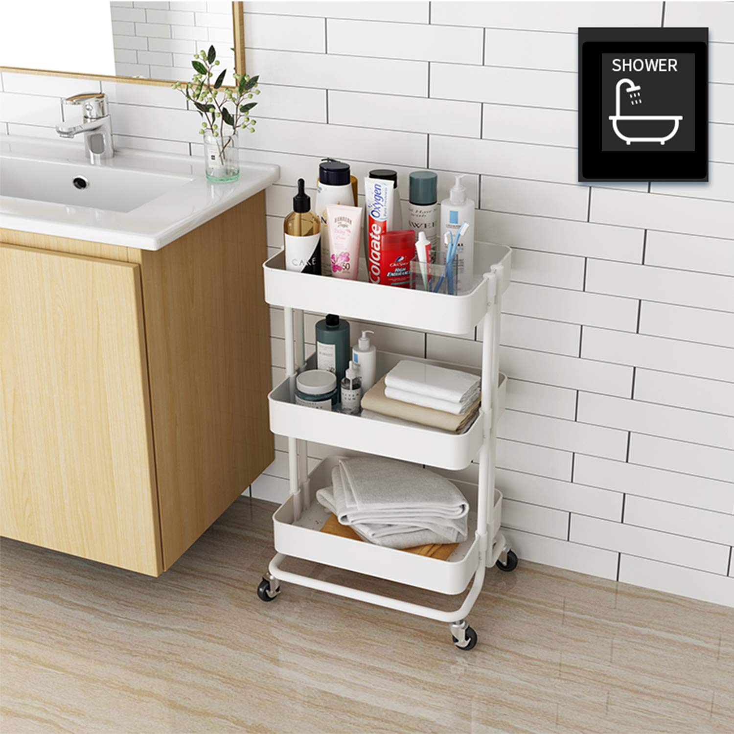 walsport 3-Tier Metal Mesh Rolling Cart Storage Organize Utility Cart for Kitchen Bathroom Home Office, White