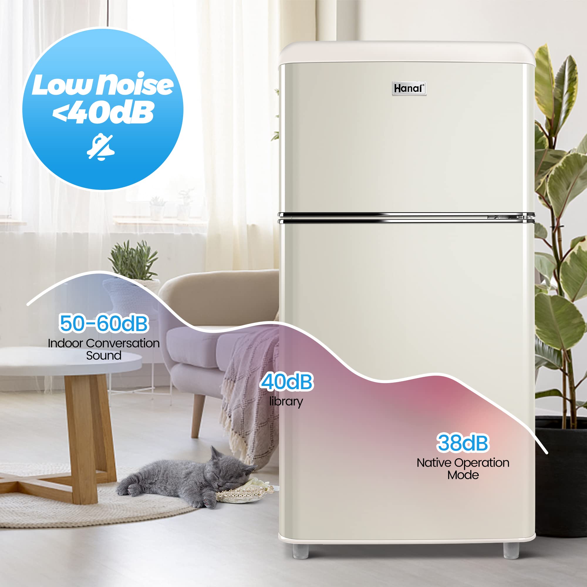 WANAI 3.2 Cu.Ft Mini Fridge With Freezer Compact Refrigerator with Freezer,7 Level Adjustable Thermostat Removable Shelves Small Refrigerator for Office Dorm Apartment Cream