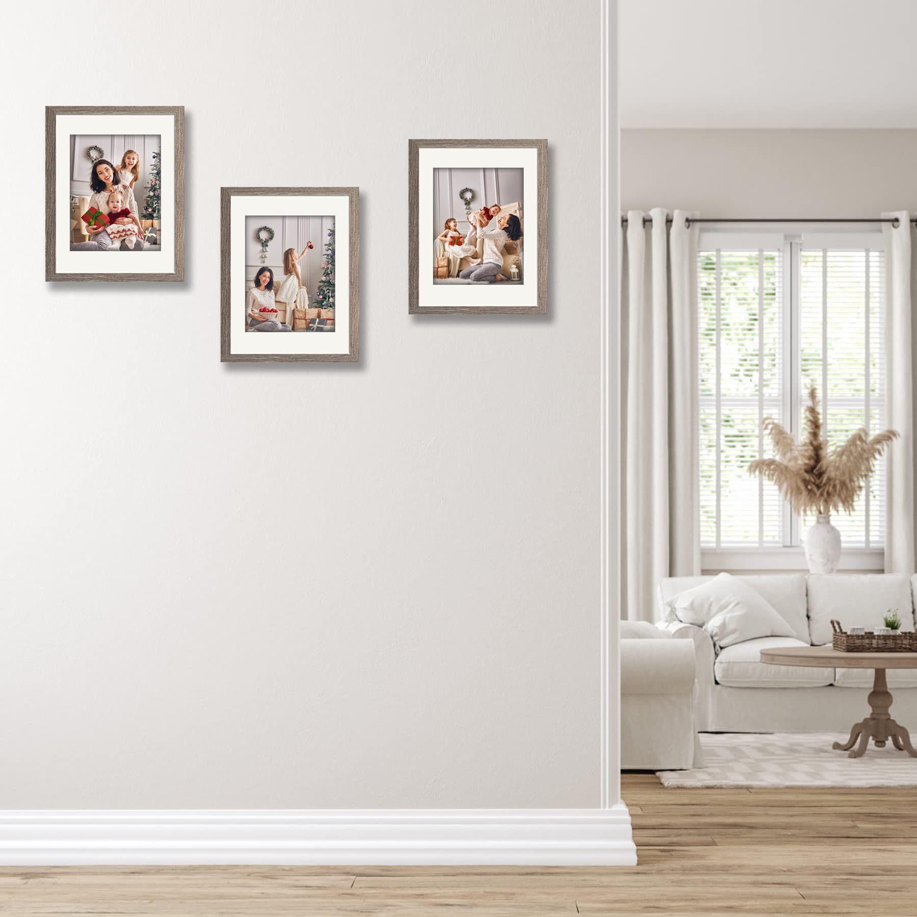 YK artwood 11x14 Picture Frame Set of 3 Gray, Made of Solid Wood 8x10 with Mat or 11x14 Without Mat, Wall Mounting Photo Frames With Plexiglass for Wall or Tabletop Display