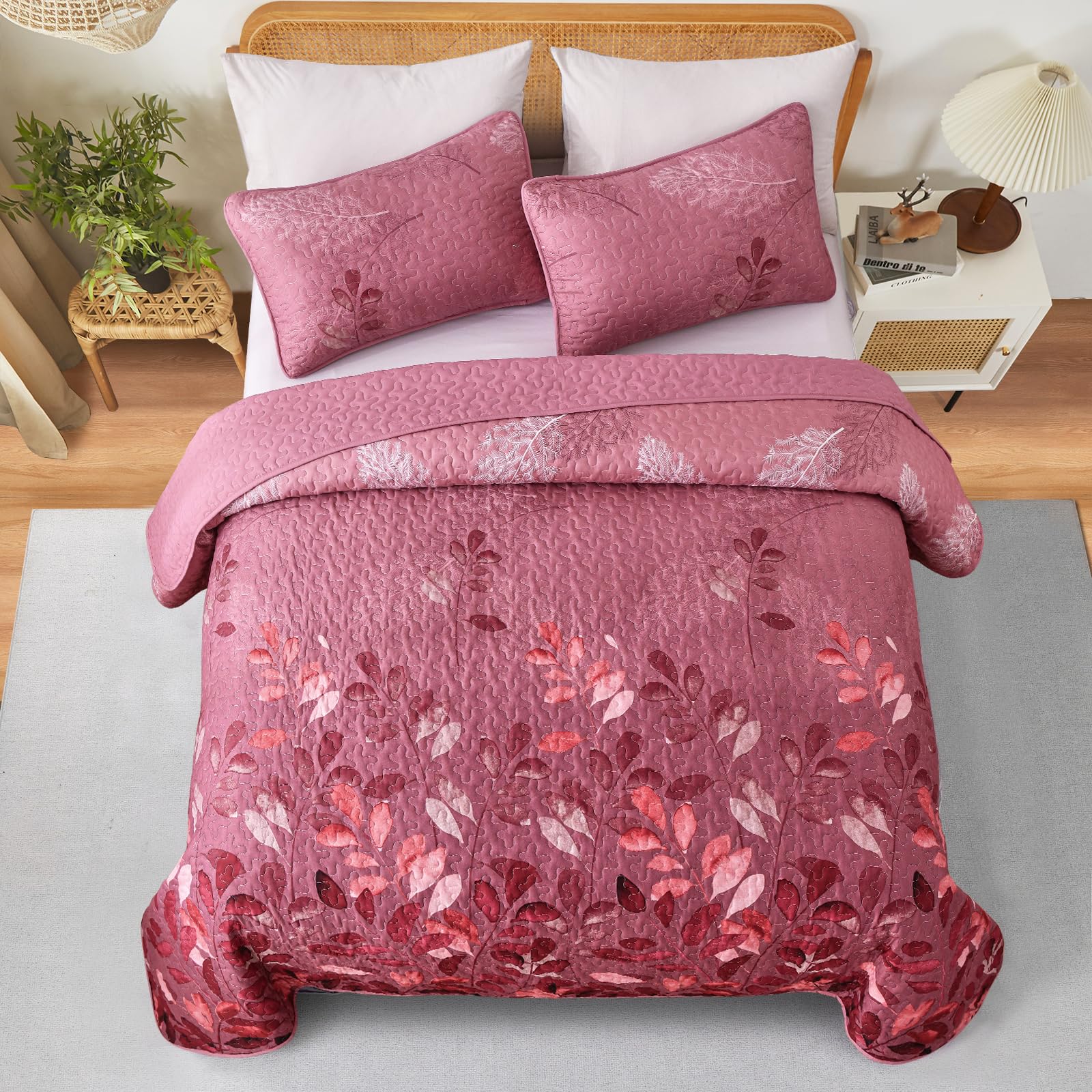 WONGS BEDDING Red Floral Quilt Set King Size,3 Pieces Botancal Leaves Bedspread Coverlet Set with 2 Pillowcases for All Season, Soft Microfiber Floral Bedding Set 104"×90"