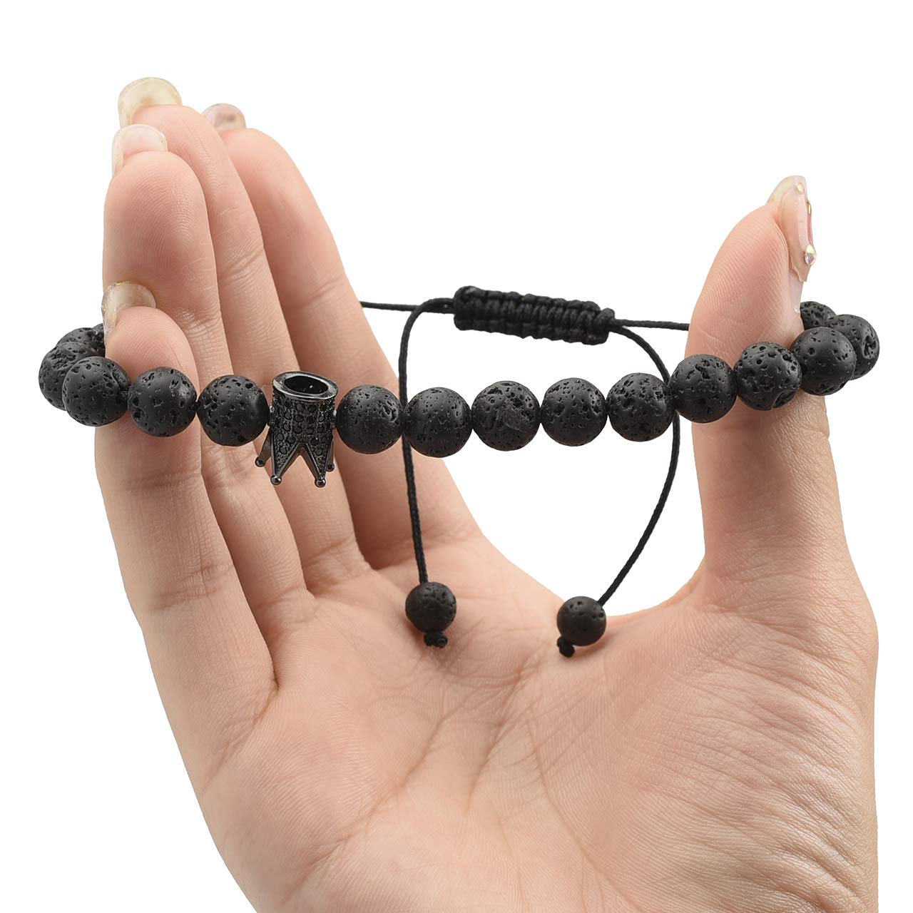 Top Plaza Couple Distance Bracelets Lava Stone Beads Essential Oil Diffuser Adjustable Bracelet with King Queen Crown Charm - 2 Pcs Black