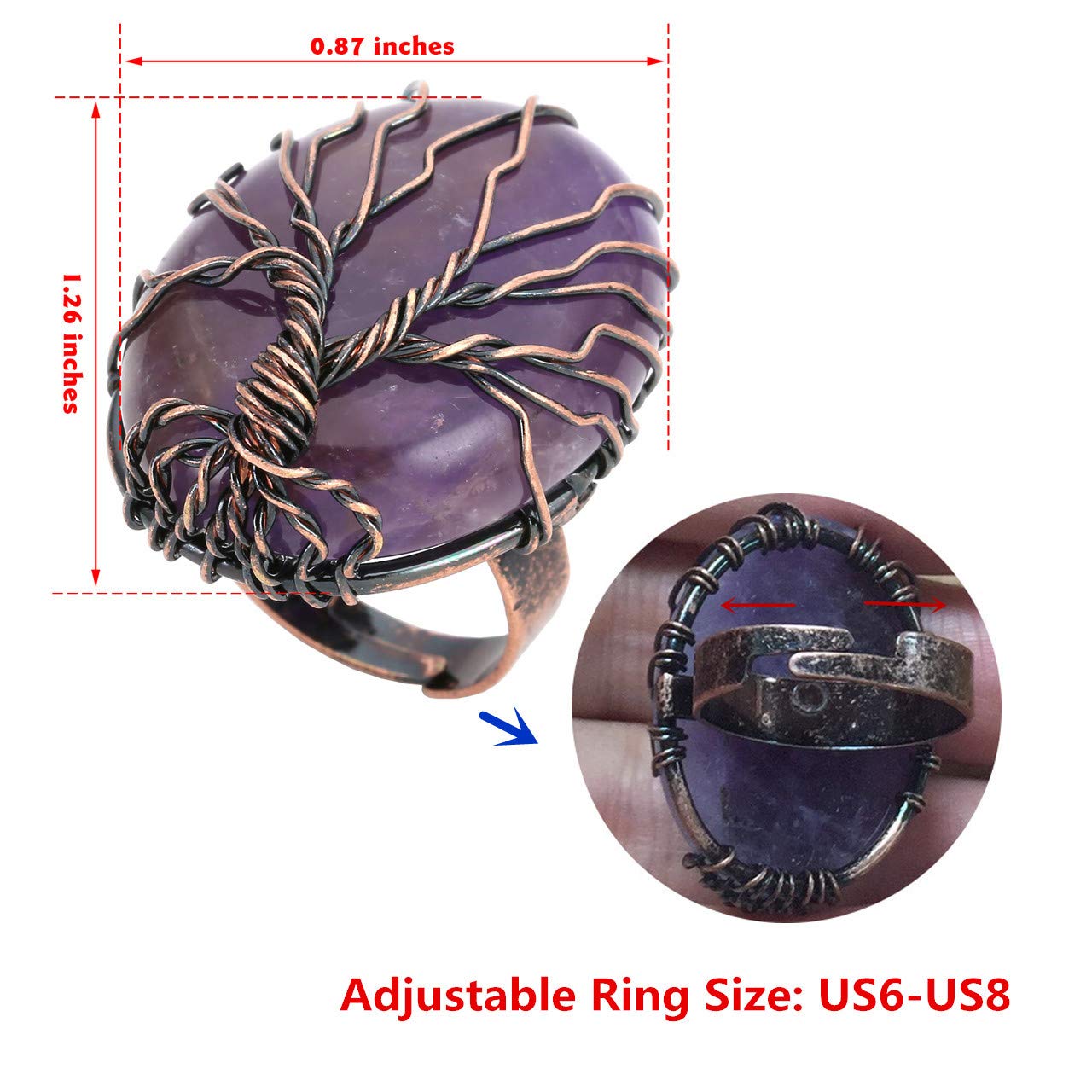 Top Plaza Handmade Retro Vintage Copper Wire Wrapped Life Tree Oval Gemstone Healing Crystal Adjustable Ring Bronze Band Size 6 7 8(Amethyst+Rose Quartz+Green Aventurine)
