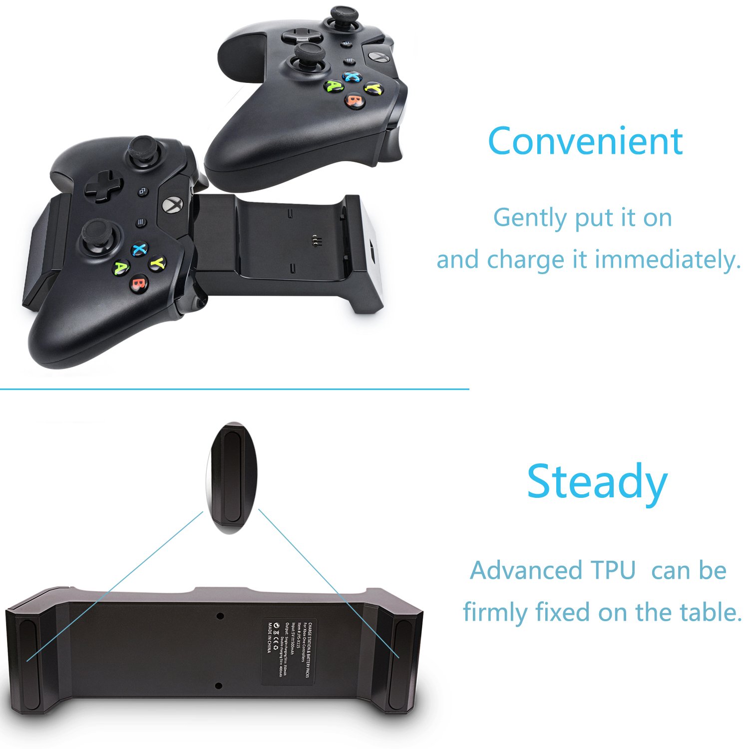 Xbox One Controller Charger, Megadream Dual USB Fast Charging Stand Station, 2 *600mAh Rechargeable Battery, Work with Xbox One, Elite, S, X with Easy Drop - Black