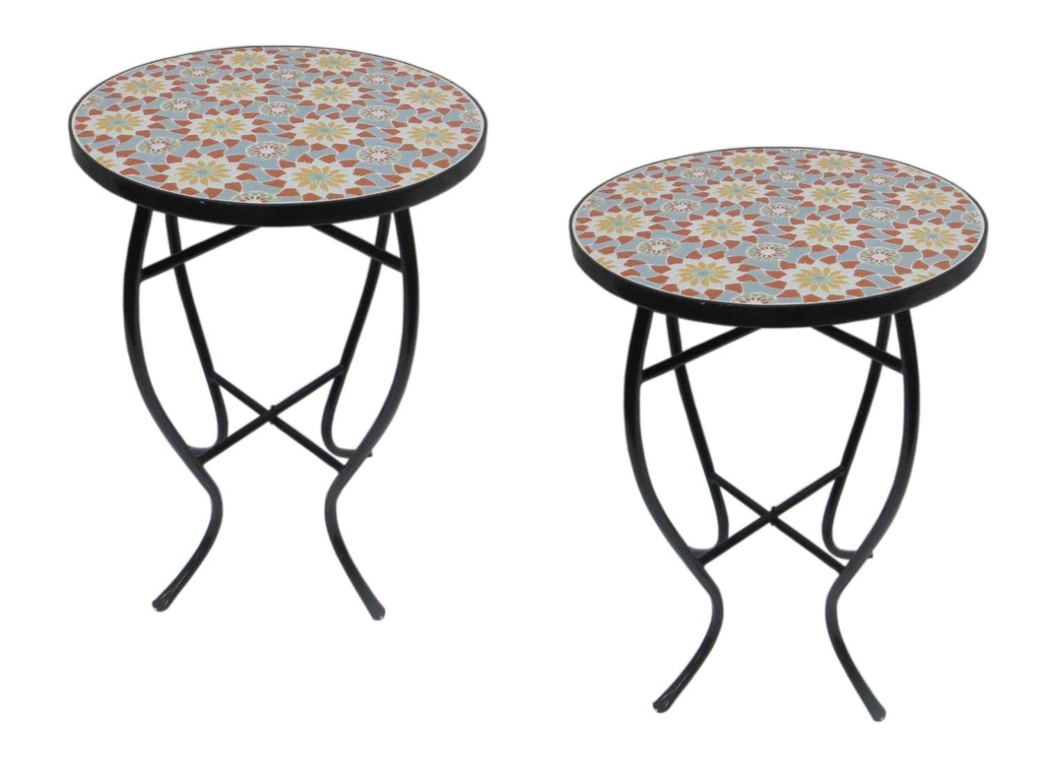 W Unlimited Mosaic Art Floral Stone Accent Table in Multi-Color (Set of 2)