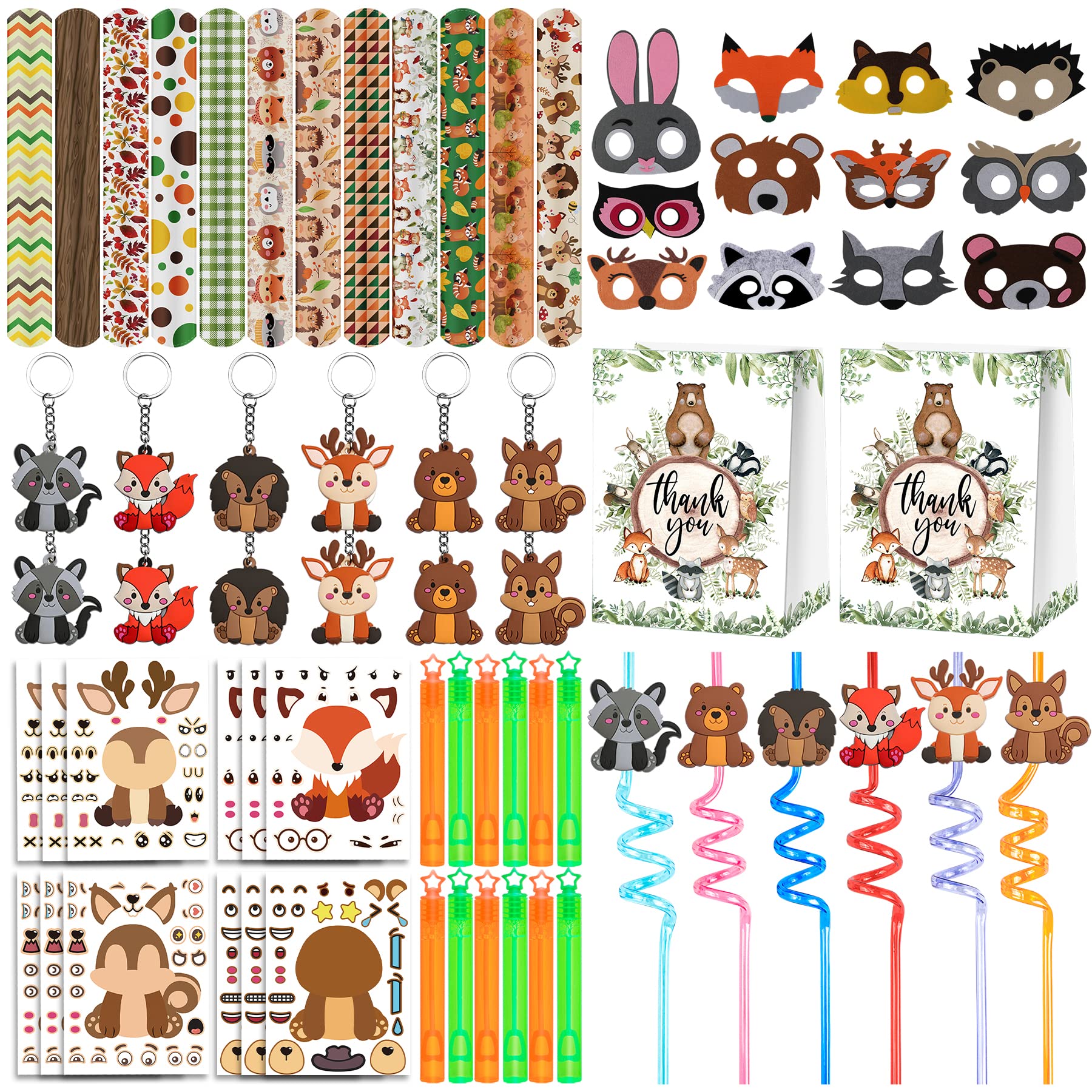 Woodland Party Favors 84 PCS Forest Animals Theme Masks Sticker Keychains Straws Slap Bracelets Bubble Sticks Gift Bags for Kids Woodland Creatures Birthday Party Baby Shower Goodie Bag Fillers