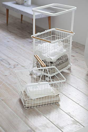 Yamazaki Home Laundry Basket Wagon-Large Storage Hamper Organizer | Steel + Wood | Short | Rolling Carts, White