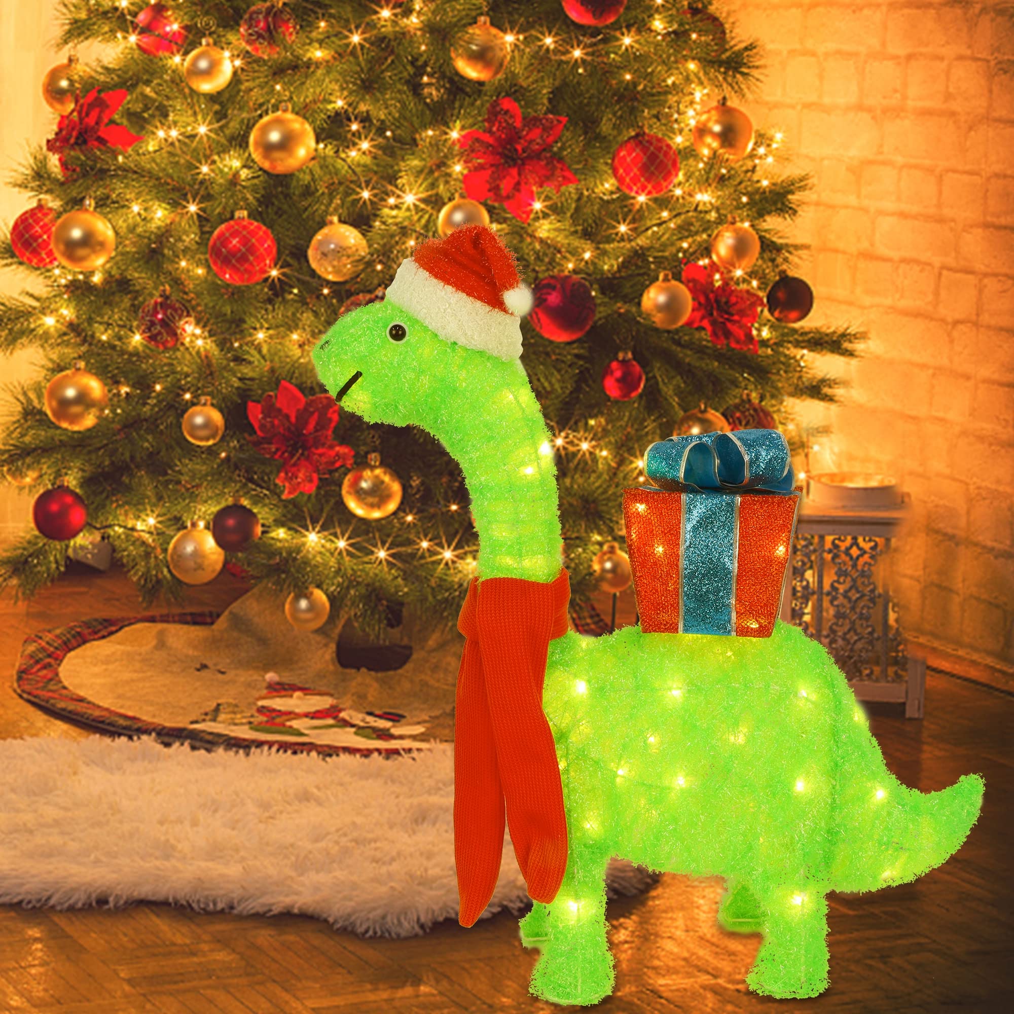 WATERGLIDE Lighted Christmas Green Dinosaur with Gift Box Decorations, 27 Inch Pre-Lit Light Up 3D Brachiosaurus Xmas Outdoor Yard Decor with Lights, for Festive Xmas Holiday Garden Lawn Display