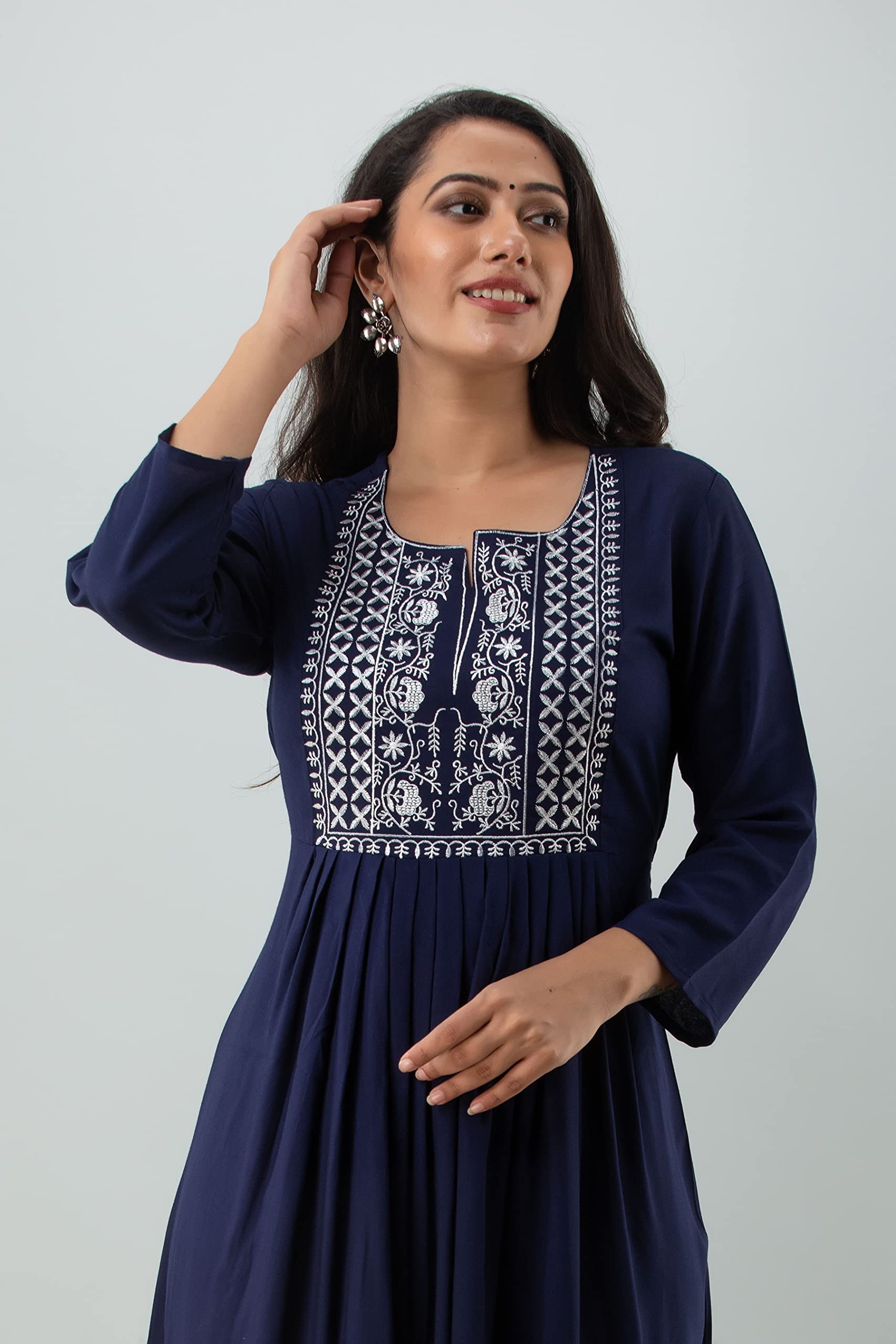 Women's Rayon Printed Anarkali Kurti With Palazzo (Blue, Small)