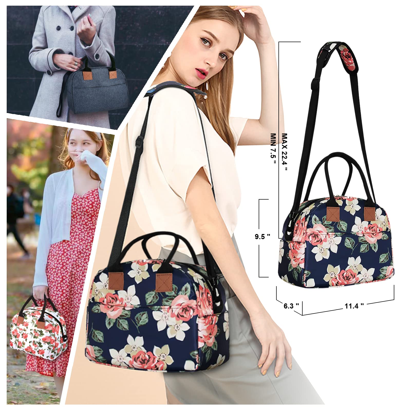 WOOMADA Insulated Lunch Bag for Women Men Reusable Large Capacity Lunch Box Cooler Tote Bag with Pockets & Adjustable Shoulder Strap for Office Work, Picnic, Travel (black)