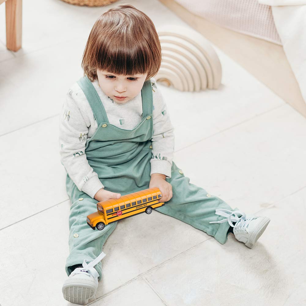 Think Wing School Bus Toy for Toddlers, 8.5 inch Die Cast Pull Back Cars Yellow Bus Play Vehicles with Sounds and Light