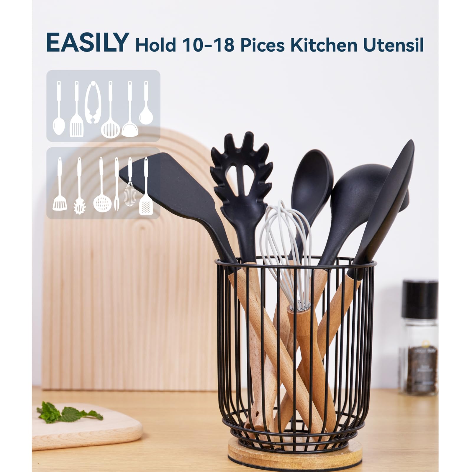 WDT Tool Utensil holder for Kitchen Counter,Large Utensils Holder For Farmhouse Cooking, Utensil Caddy Spatula Holder (Metal+Bamboo-1)